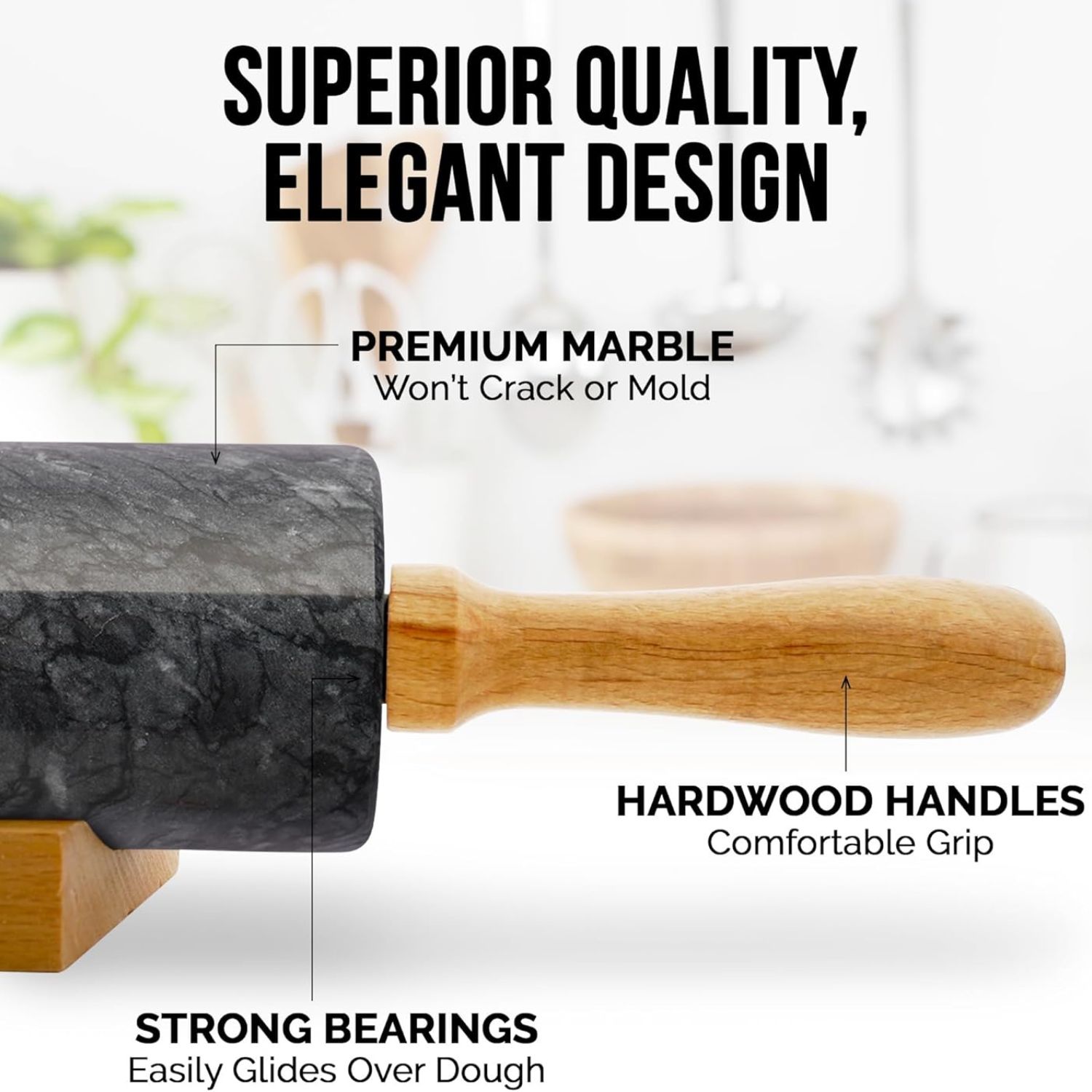 Zulay Kitchen 17 Inch Marble Rolling Pin with Stand and Beechwood ...