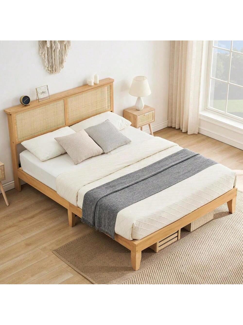 Qeetex Full Size Rattan bed frame with two storage shelves. with ...