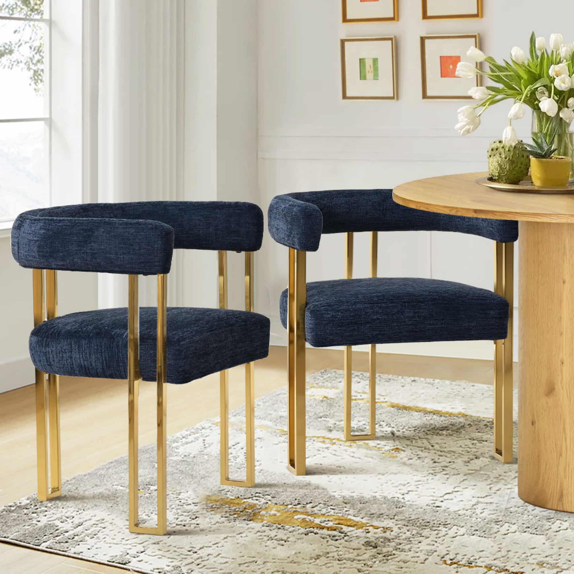 Maison Boucle Set of 2 Blue Chenille Upholstered Dining Chairs with ...