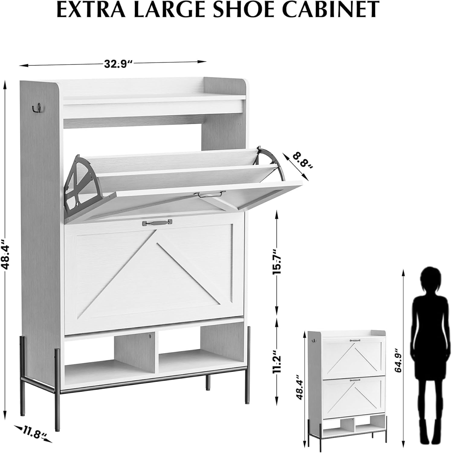Garvee White Shoe Cabinet with 2 Flip Drawers/ Freestanding Organizer ...