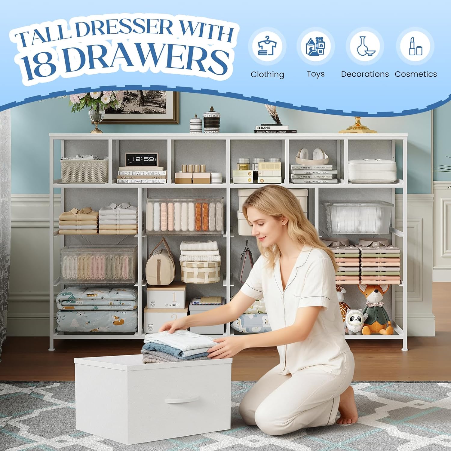 GAOMON White 18 Drawer Fabric Dresser 63 Inch Wide 39 Inch High 12 Inch ...