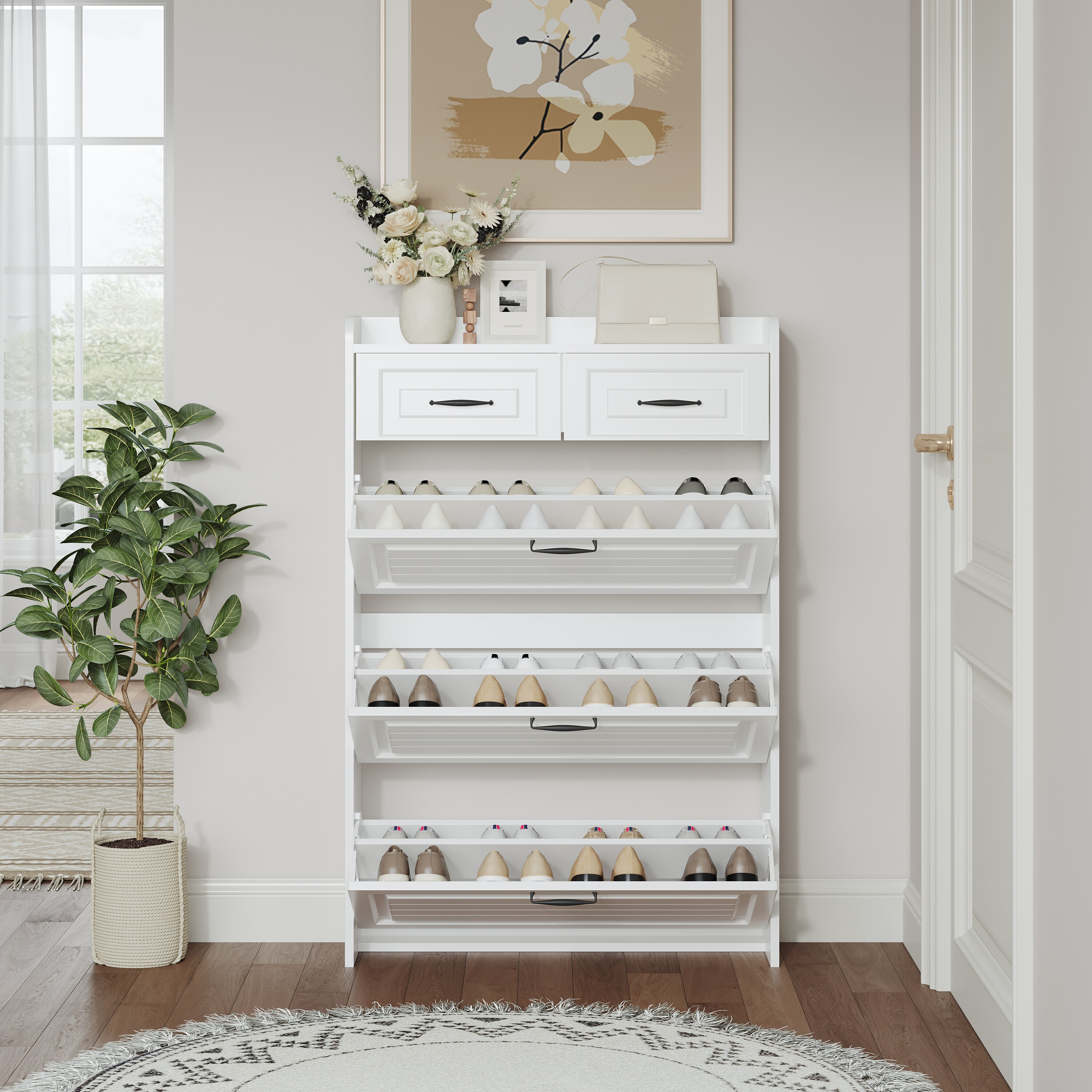 GDFStudio 1250 White color shoe cabinet with 3 doors 2 drawerslarge ...