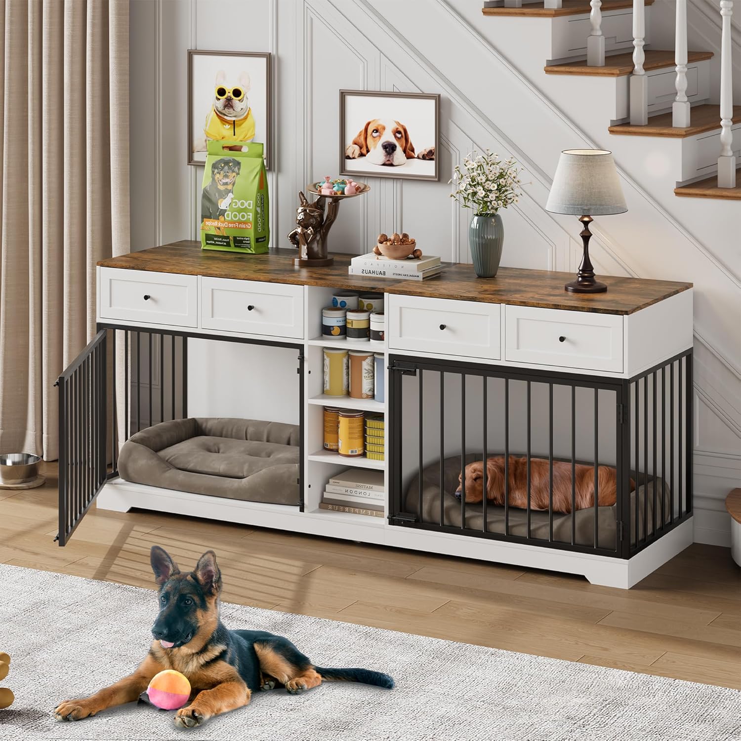 Garvee 82 Inch White Double Dog Crate Furniture/With 4 Drawers And ...
