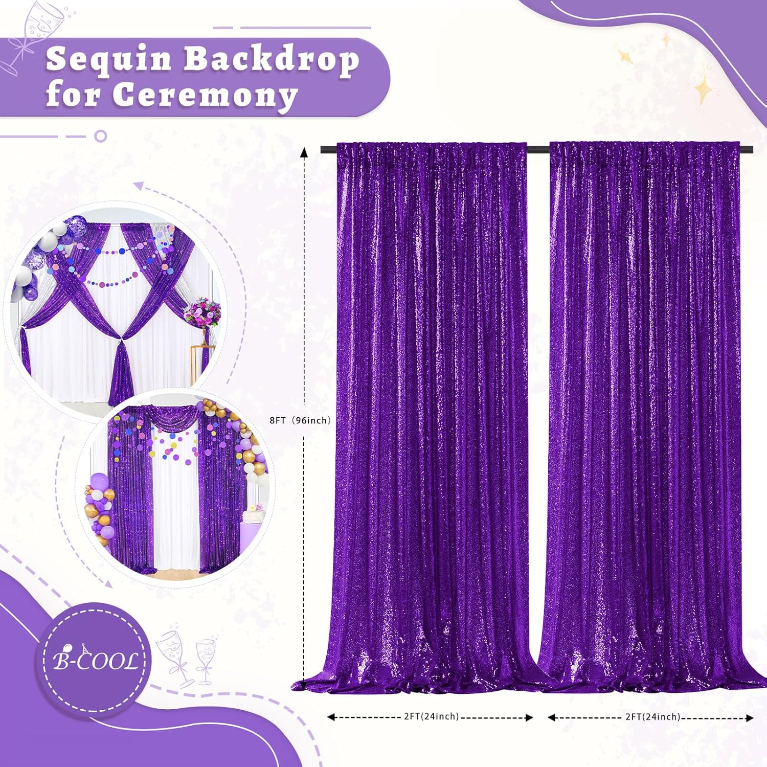 B-Cool Purple Sequin Backdrop Curtains 2 Packs 2ftx8ft Sparkle Backdrop ...