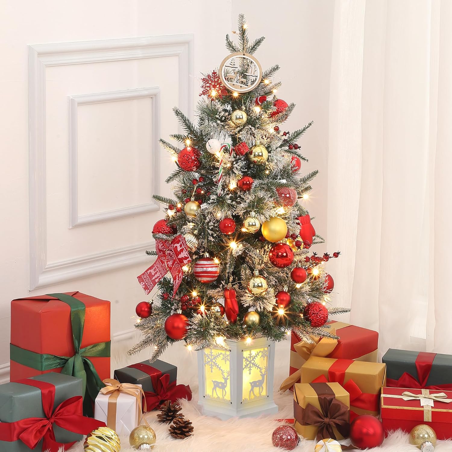 Garvee 3ft Pre-Lit Snow Flocked Christmas Tree with 70 LED and Elk Base ...