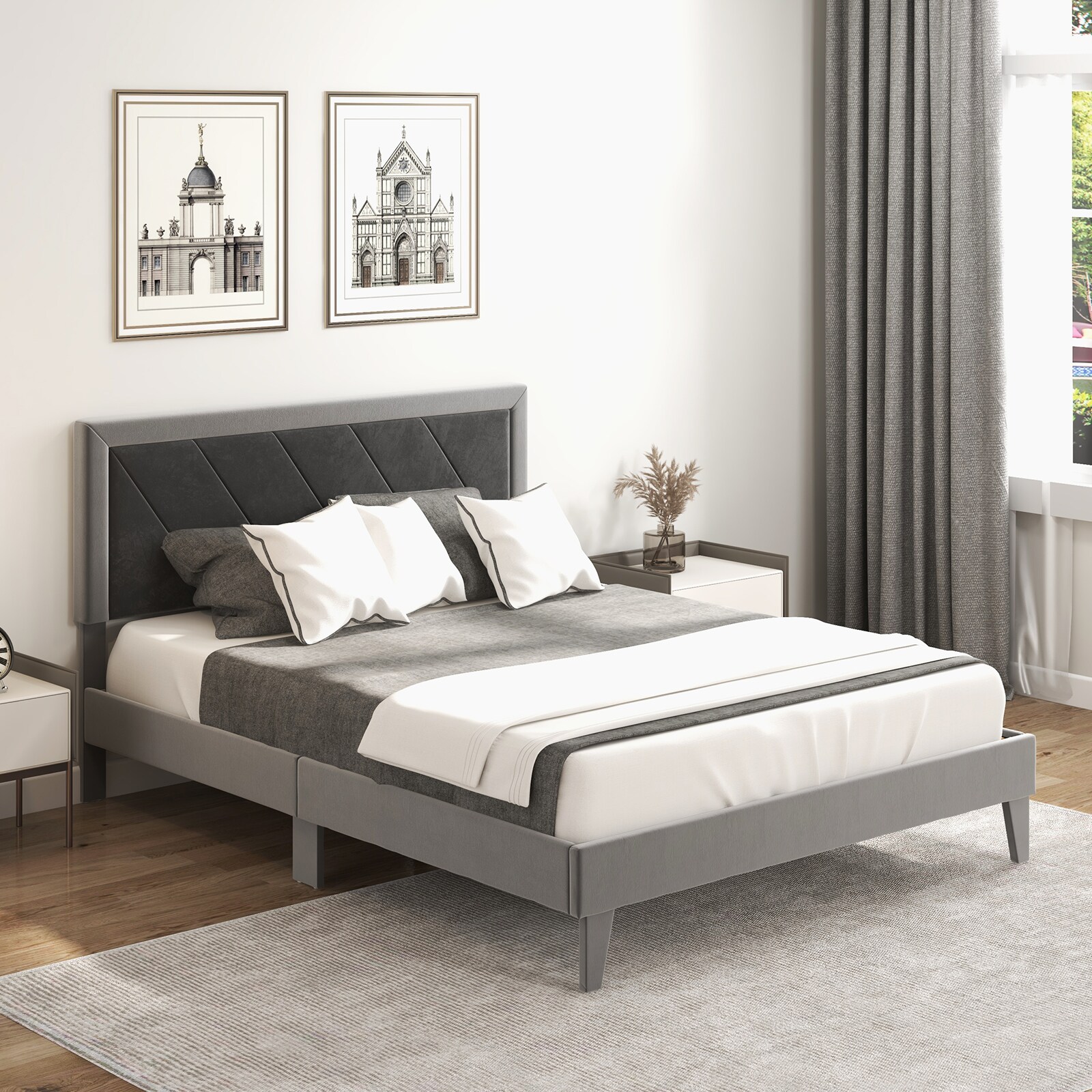 Slickblue Modern Gray and Black Velvet Upholstered Platform Bed with ...