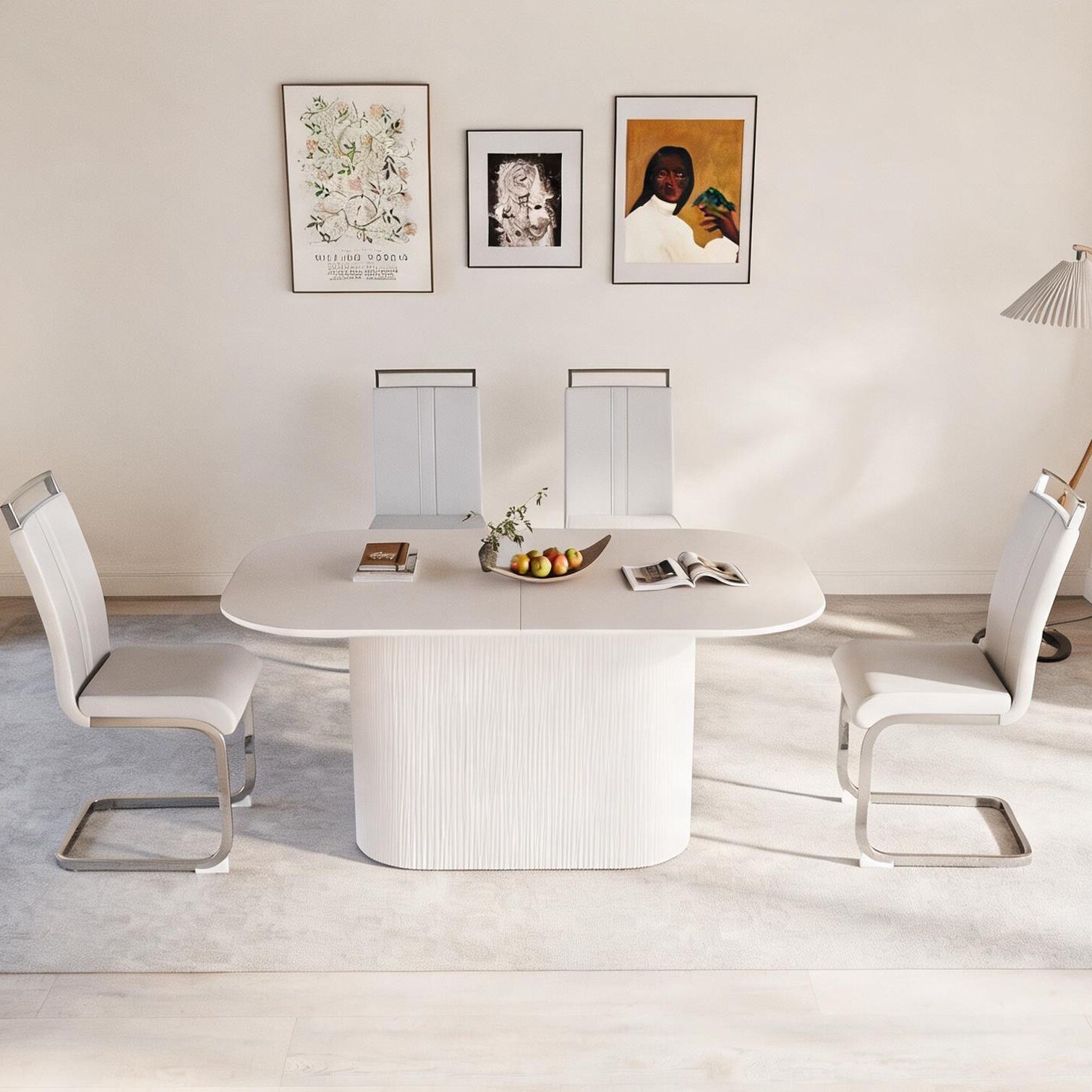 Naturefalls Cream White MDF Dining Table Set with 4 PU Chairs Modern ...