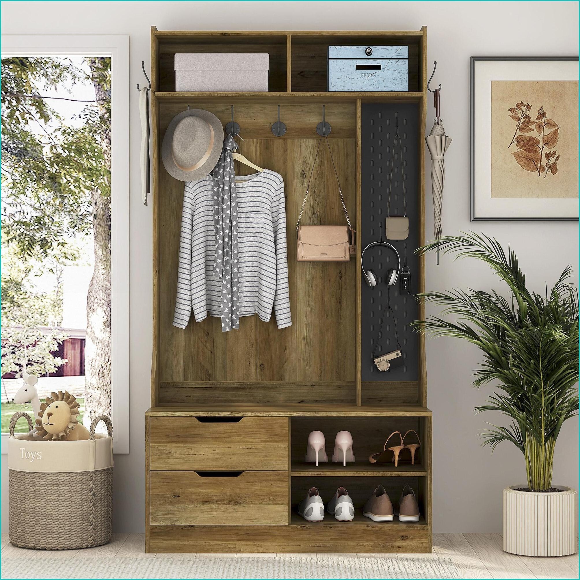 SunJet Hall Tree with 6 Hooks Entryway Storage Bench Coat Rack MDF ...