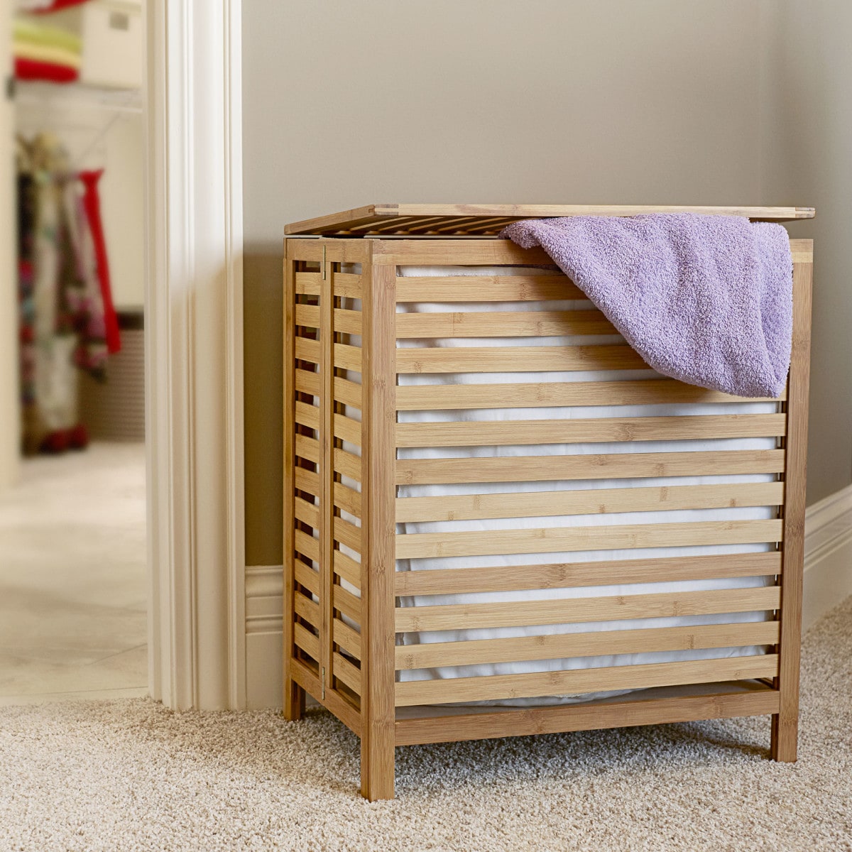 Household Essentials Bamboo Laundry Hamper Slated Hamper with Natural ...