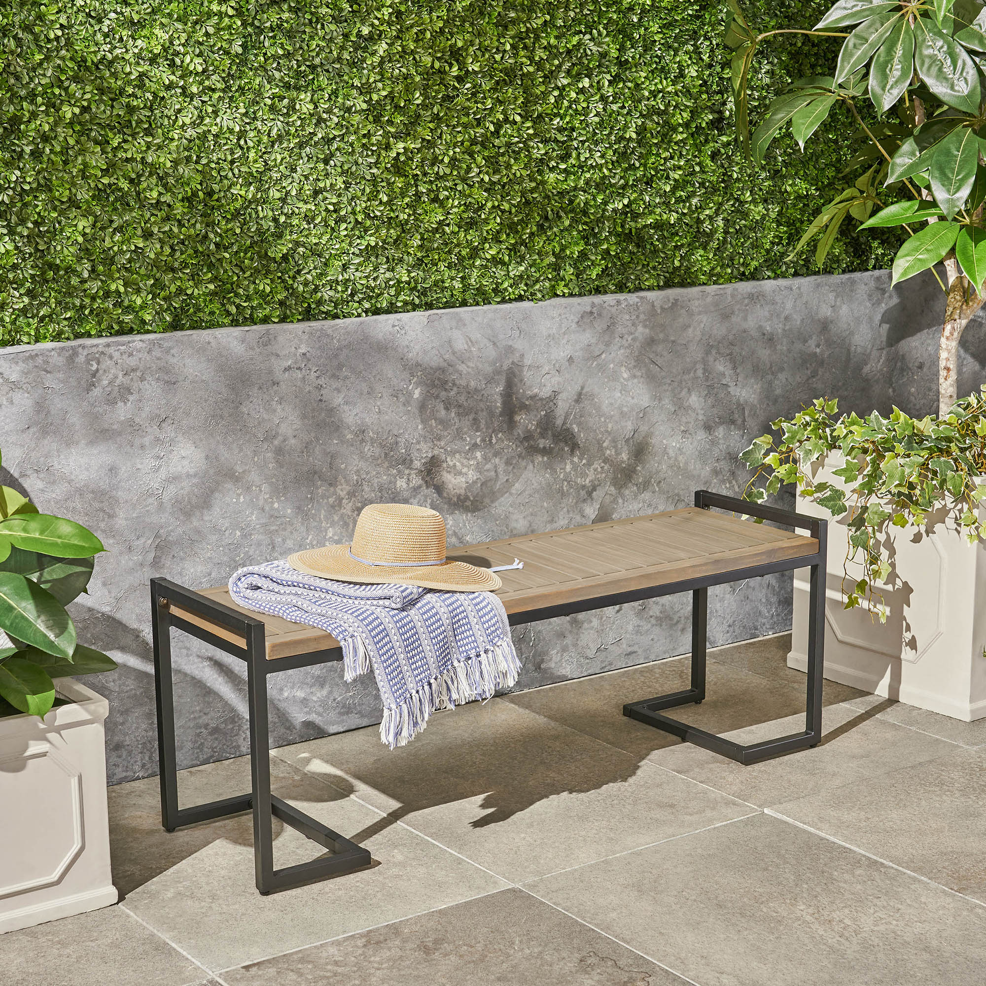 Bybafun 54-in W x 18.5-in H Black+Brown Iron Garden Bench in the Patio ...