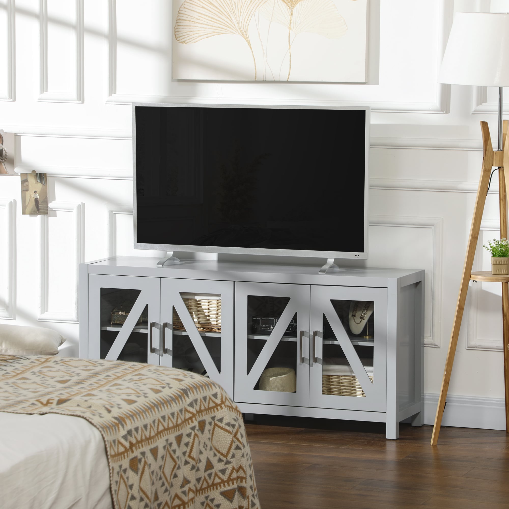 LOVMOR TV Cabinet Stand TVs up 58 Adjustable Shelves 4 Glass Doors Gray ...