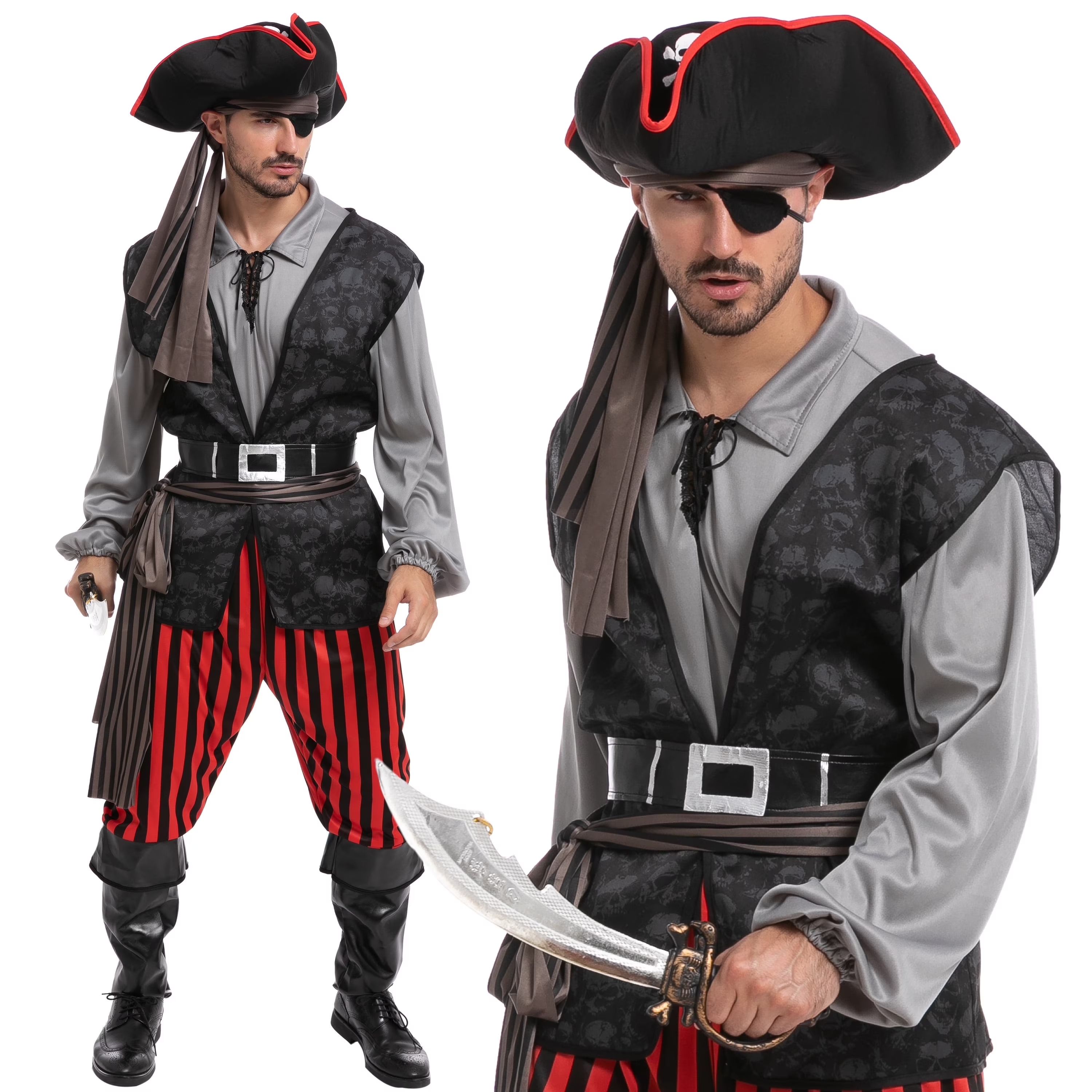 Joyfy Men Pirate Costume Adult Pirate Shirt Vest Viking Pants Hat Set L ...