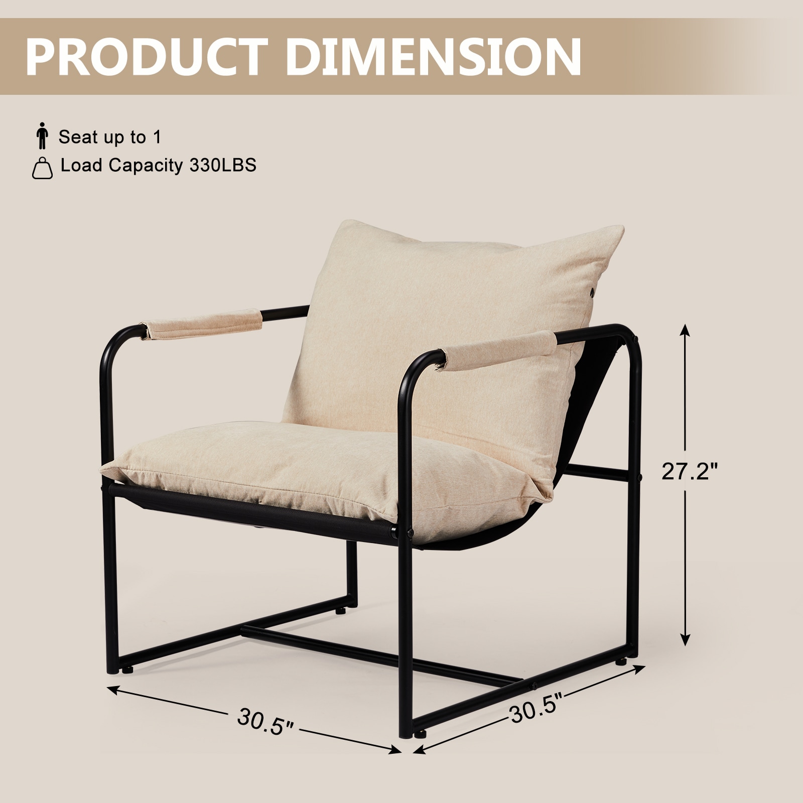 Outopee Black Steel Frame Stationary Chaise Lounge Chair with Beige ...