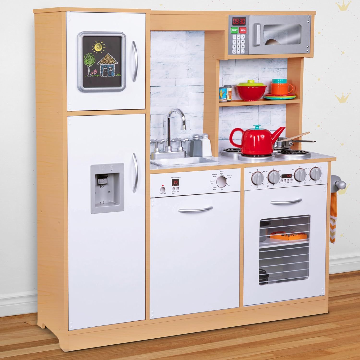 Jumbl Kids Kitchen Set - Wooden Pretend Play Kitchen with Icemaker ...