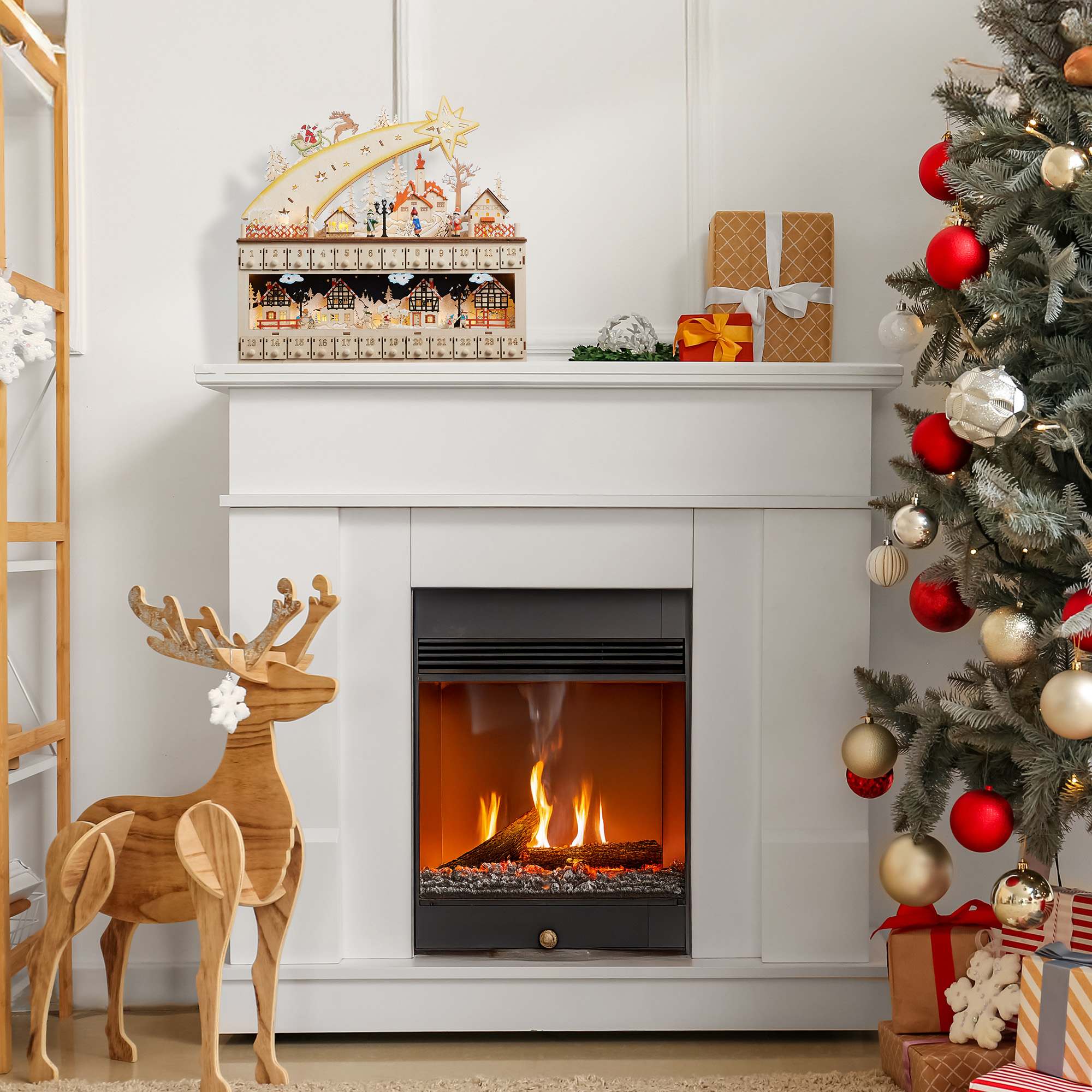 Casafield Pre-Lit Wooden Christmas Advent Calendar with Drawers Holiday ...