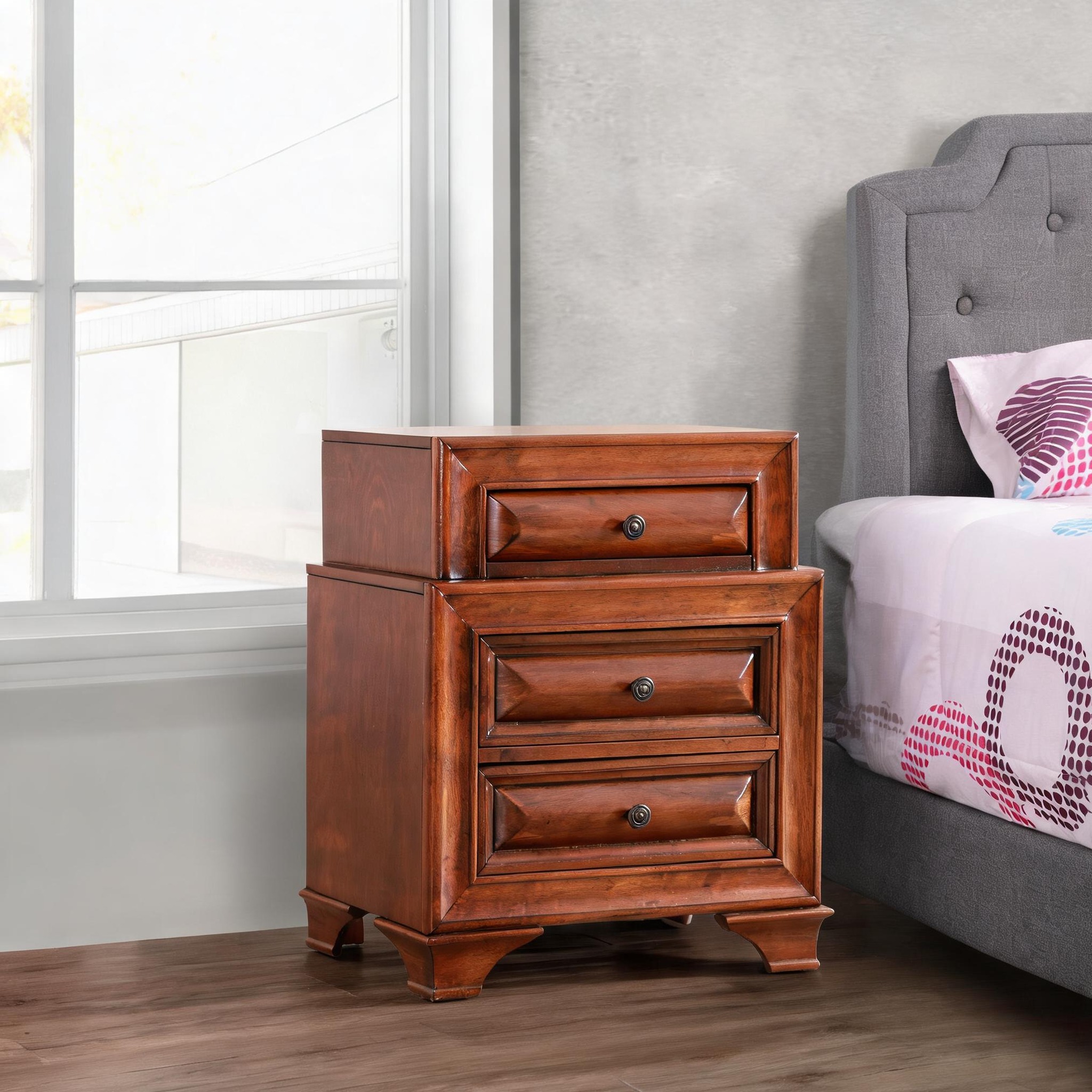 Watnature Traditional Curved Front Nightstand Oak Particle Board 3 ...