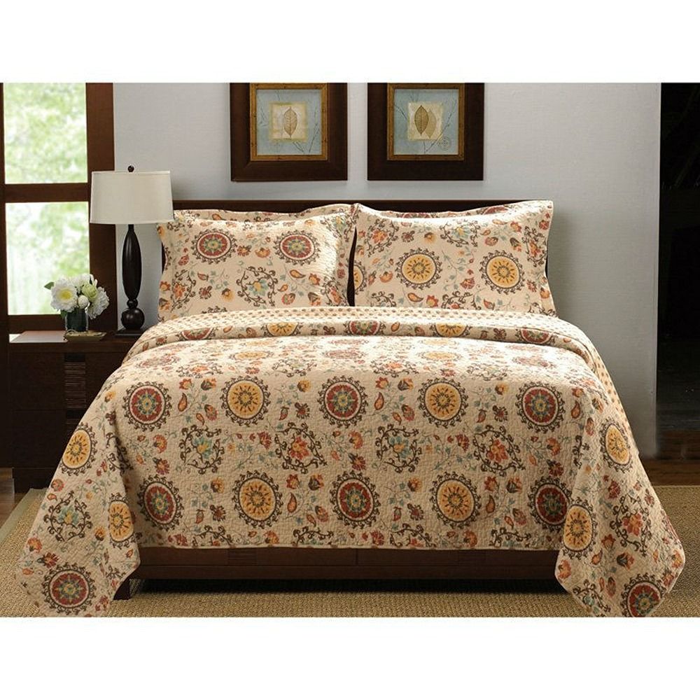 Slickblue 3 Piece Retro Moon Shaped Floral Medallion Beige Full/Queen ...