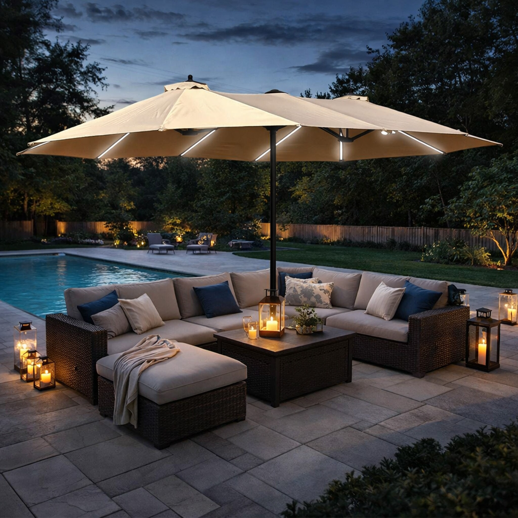 Kozyard 15-ft Steel Beige No-tilt Market Patio Umbrella with Lights ...