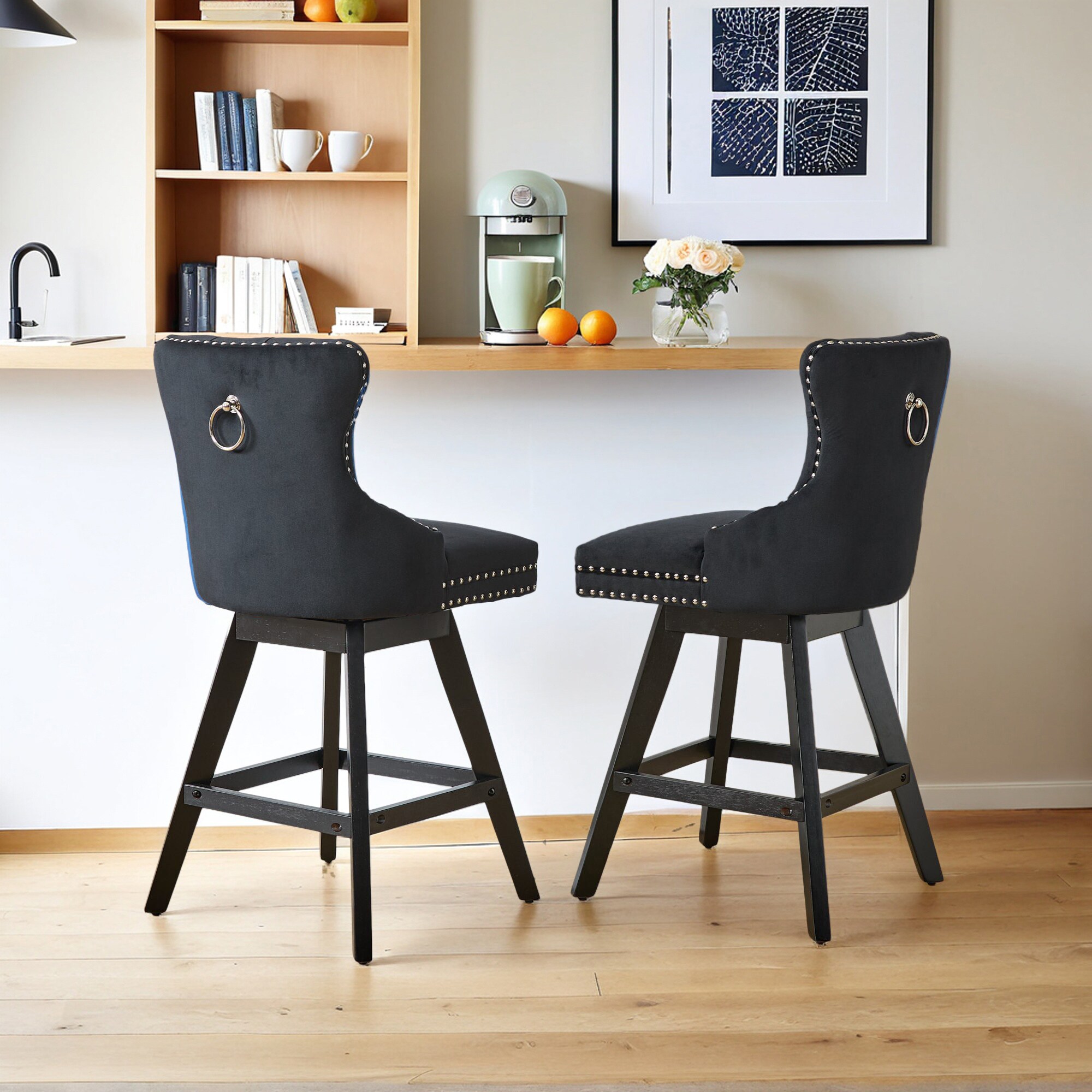 Hrinhom BLACK 25.9-in H Tall Upholstered Swivel Wood Bar Stool in the ...