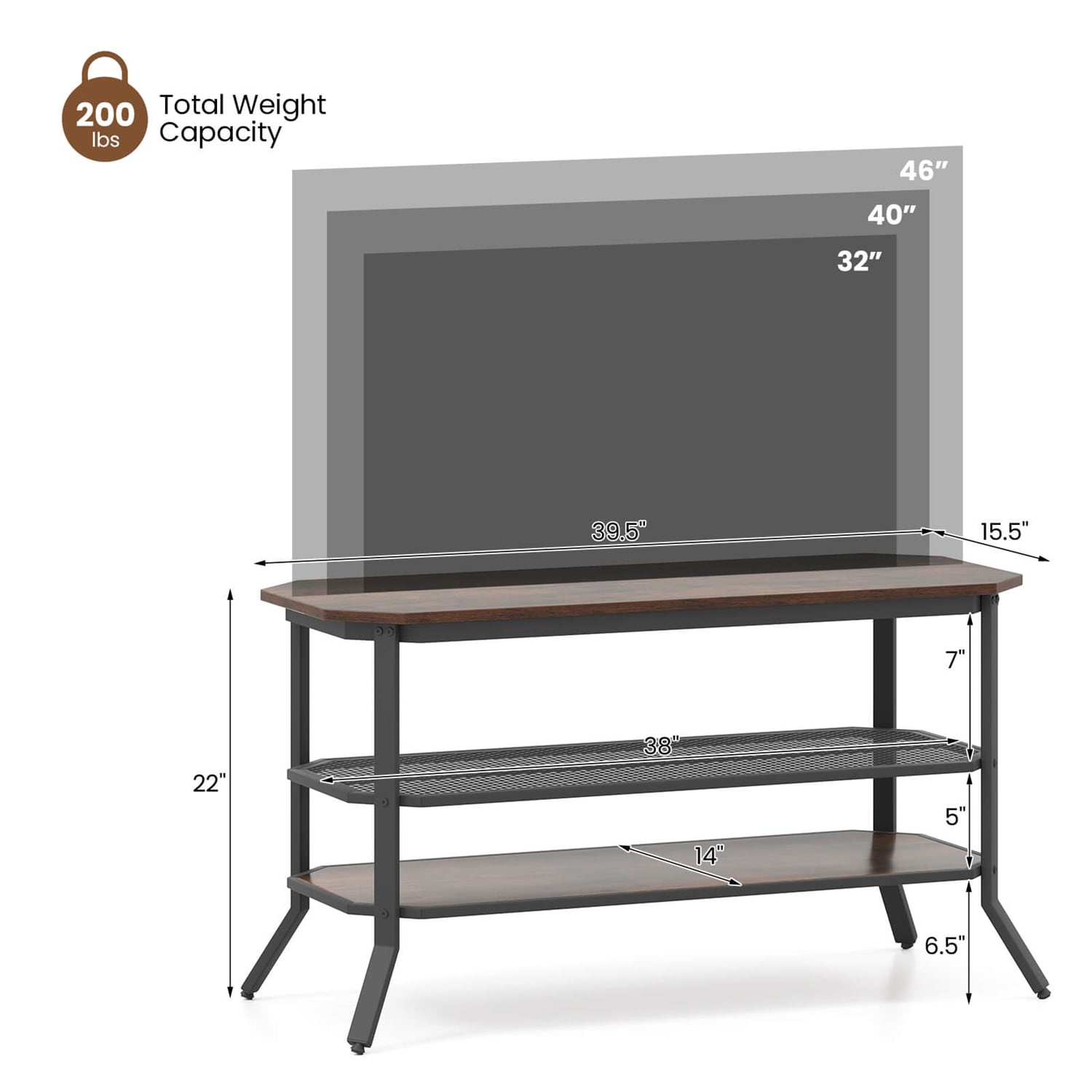 Costway TV Stand for 46 inches TVs with 2 Storage Shelves Tapered Metal ...