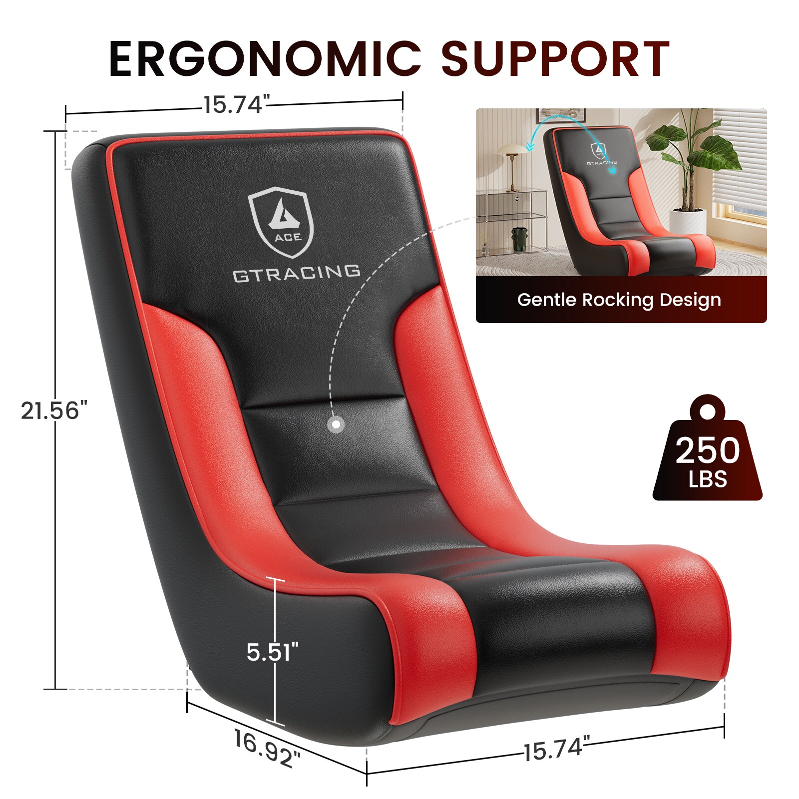 GTPLAYER Red Gaming Chair Faux Leather Gaming Floor Rocker Chair in the ...