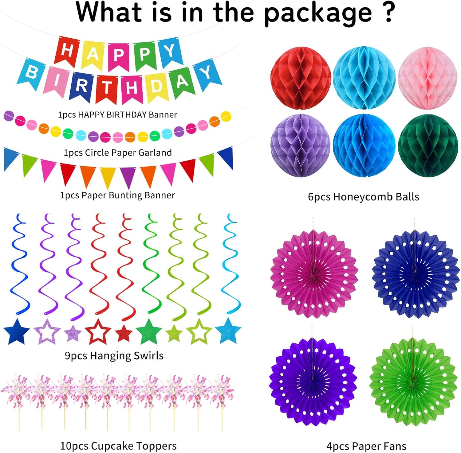 TONIFUL Birthday Decorations Colorful Happy Birthday Banner Paper Fans ...