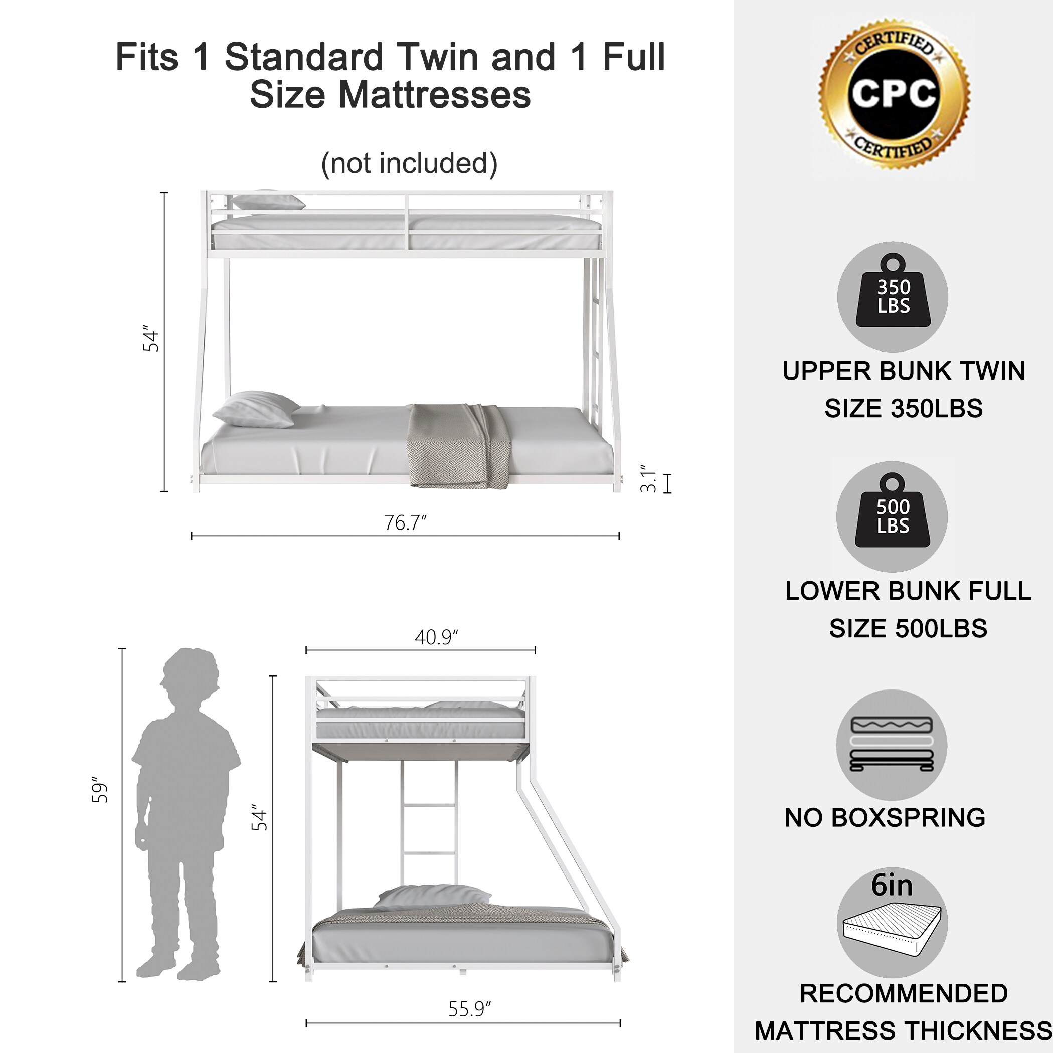 GDFStudio Adam Metal Bunk Twin over Full White Bed in the Beds ...