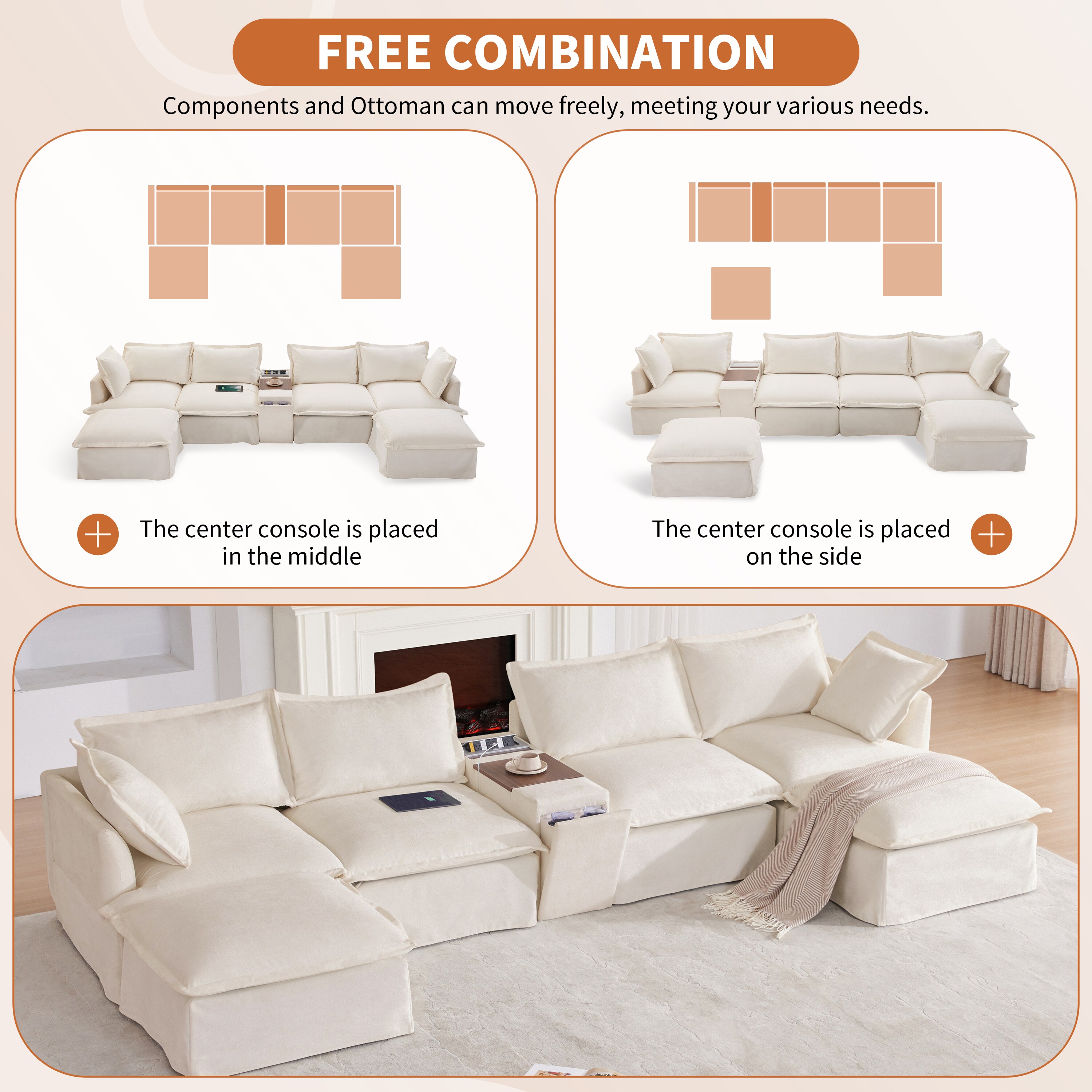 ModernLuxe Assembly Required Modular Sectional Sofa with Movable ...