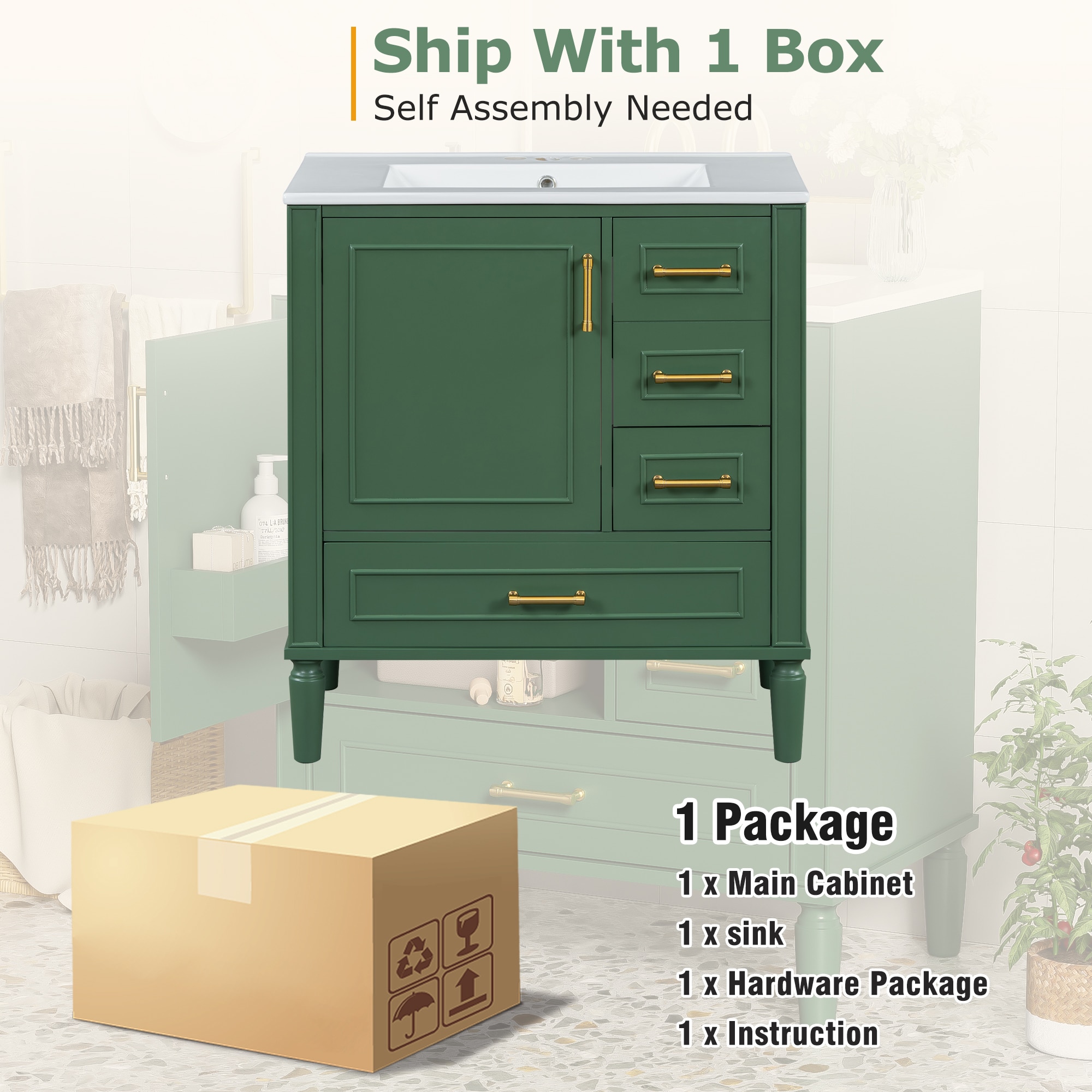 GDFStudio Liam 30-inch Traditional Bathroom Vanity with Three Drawers ...