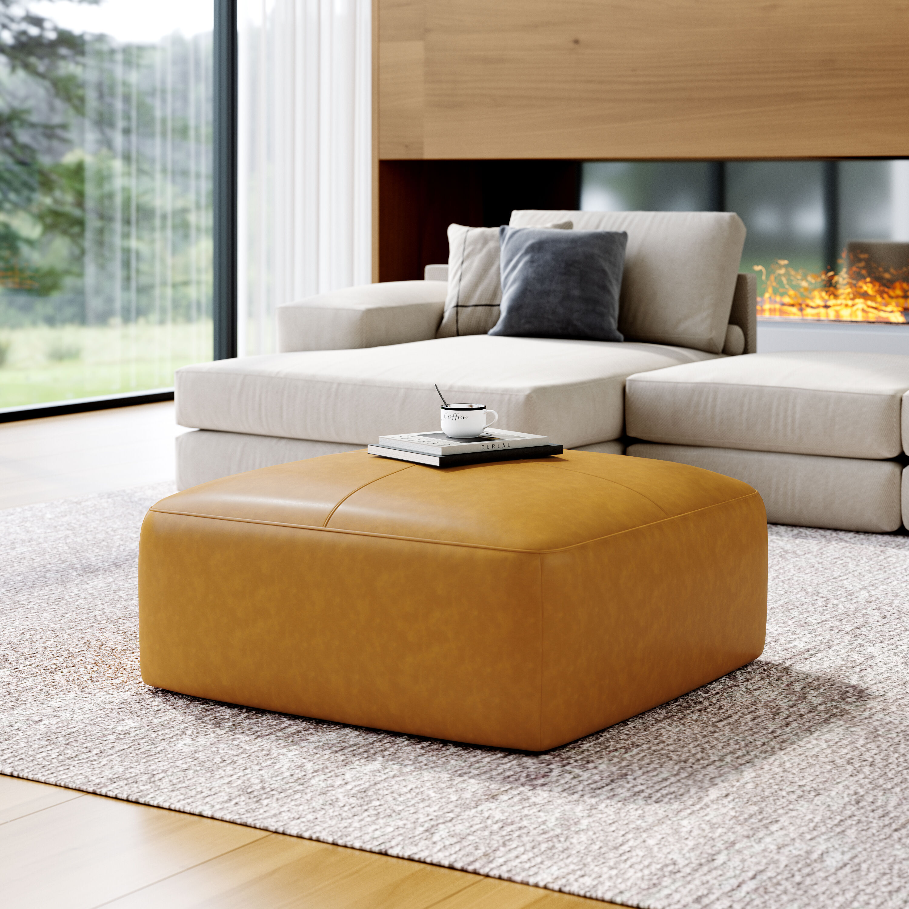 Dreamsidea Square Top Grain Genuine Italian Leather Ottoman for Living ...