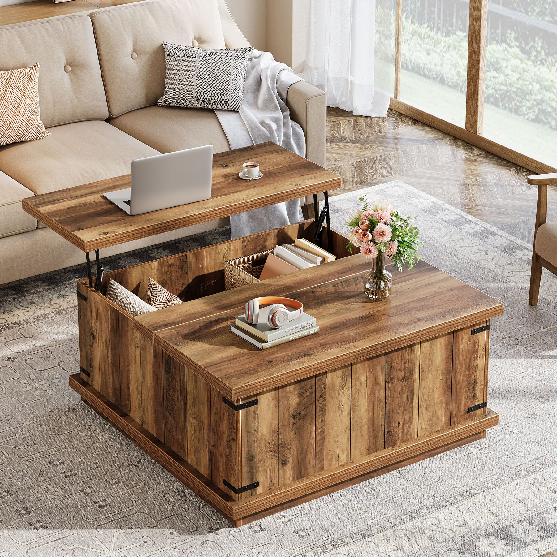 Fnova Farmhouse MDF Finished 33.46-in W x 19.7-in H Hinged Top Coffee ...