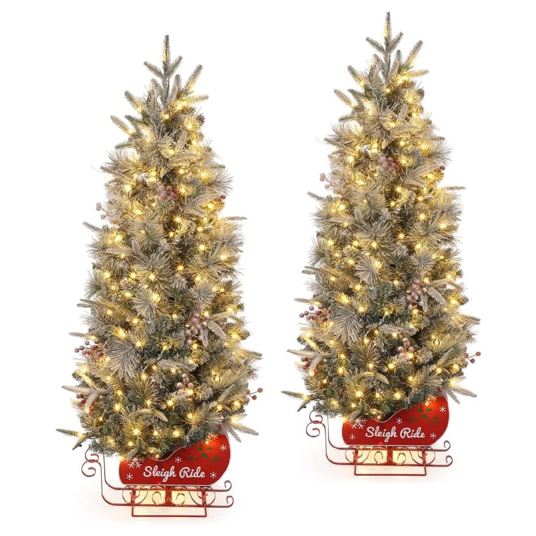 Garvee Set of 2 Christmas Trees with Lights 4FT Artificial Sleigh Base ...