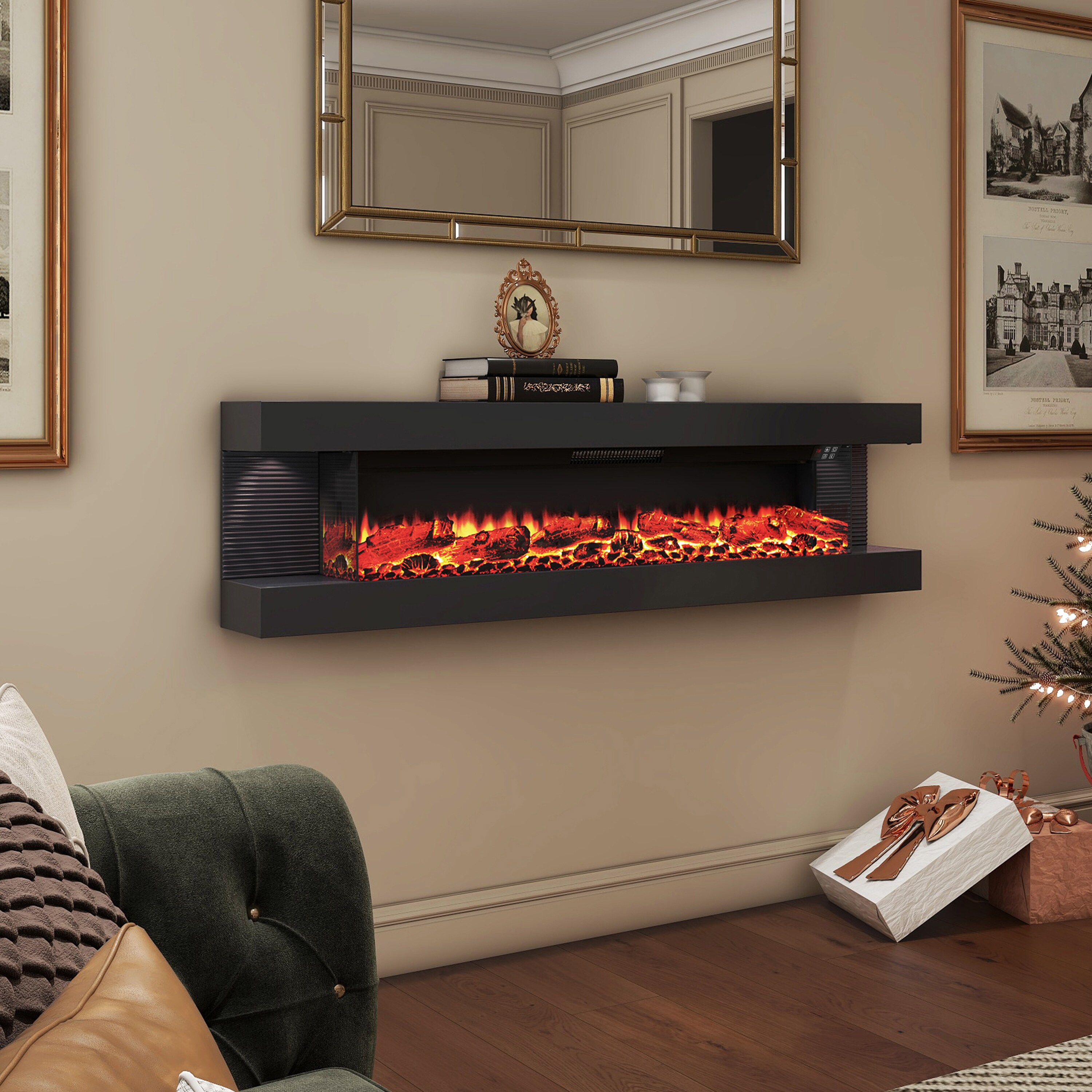 Mondawe 60-in W Black-3 Sided Wall mount Fan-forced Electric Fireplace ...