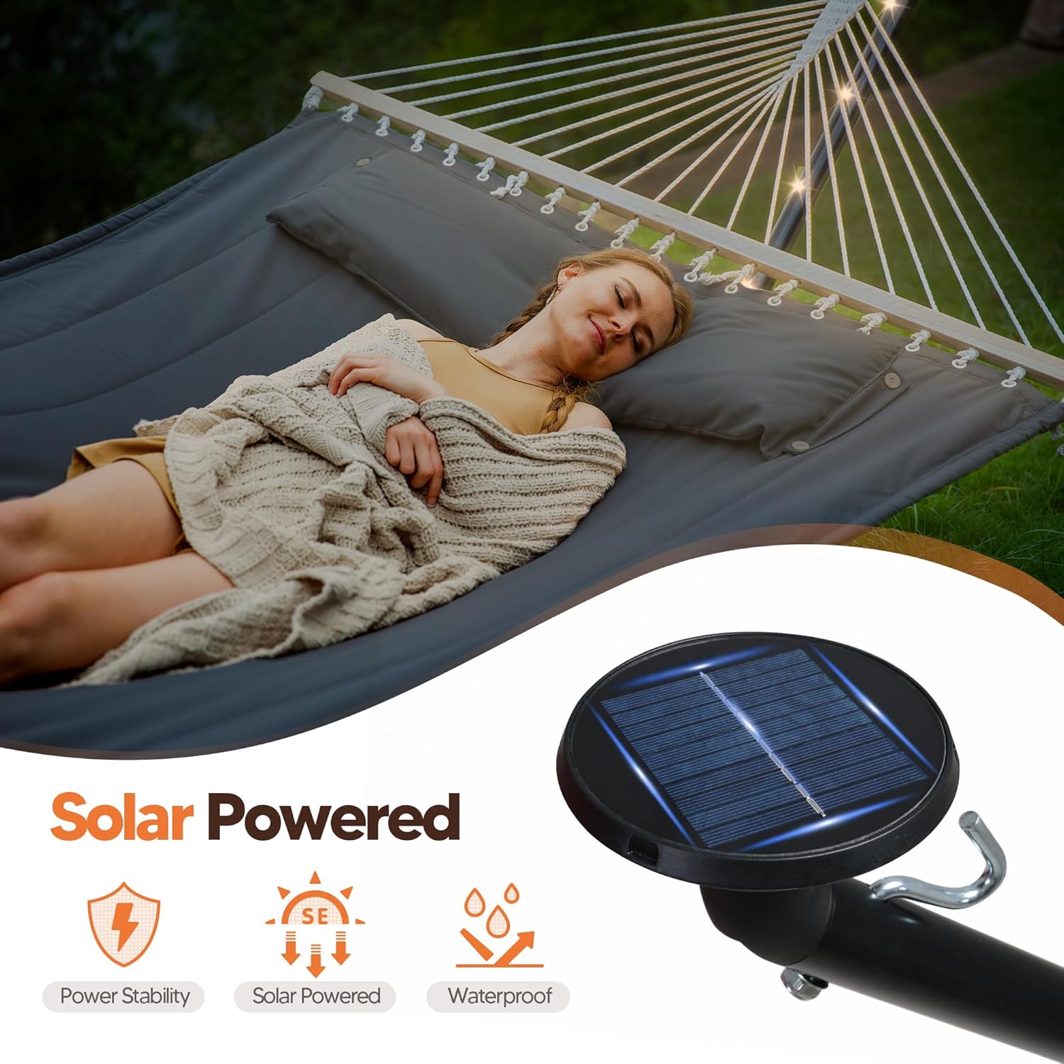 SUNCREAT Double Hammock with 12 ft Stand Solar Powered Lights Included ...