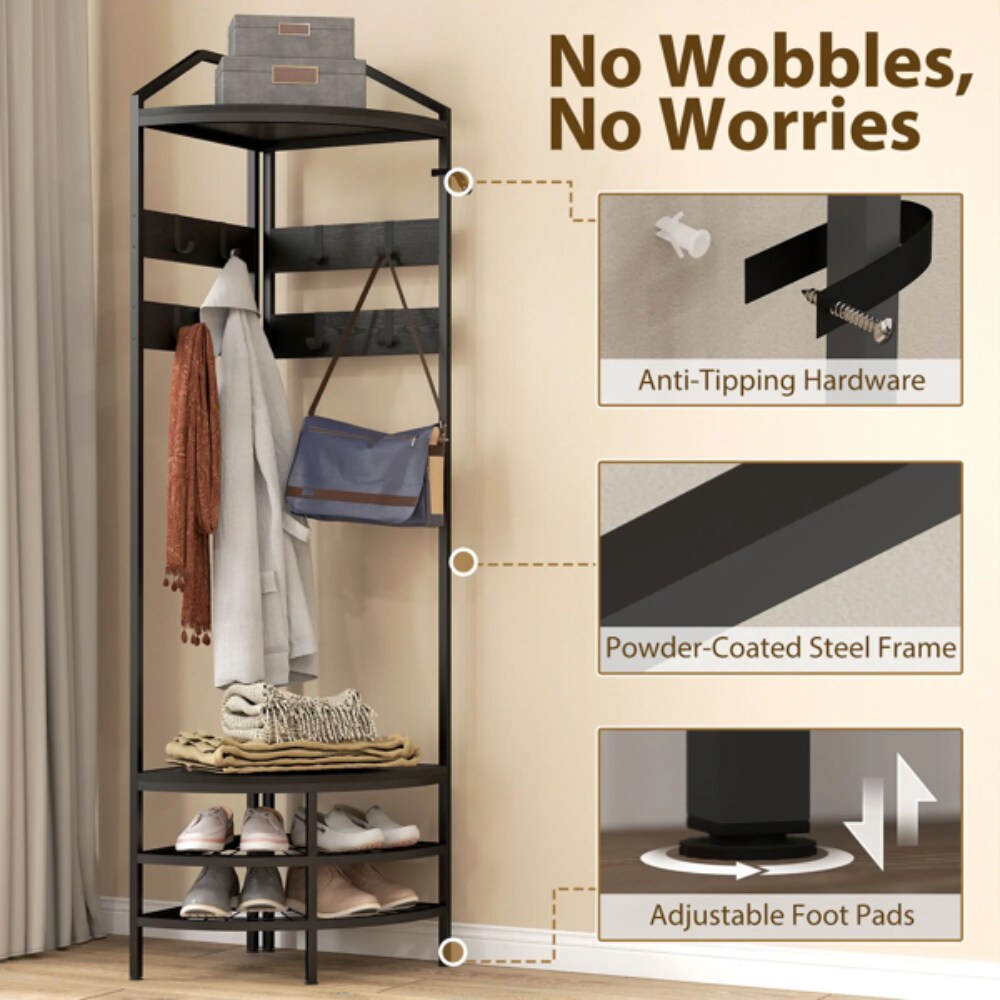 ROSMENA Black Corner Hall Tree 8 Movable Hooks 2 Tier Shoe Rack 2 ...