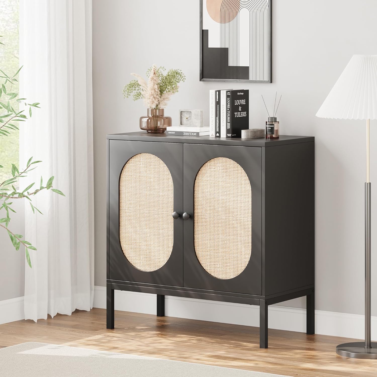 Garvee Black Sideboard Buffet Cabinet With Rattan Doors Adjustable ...
