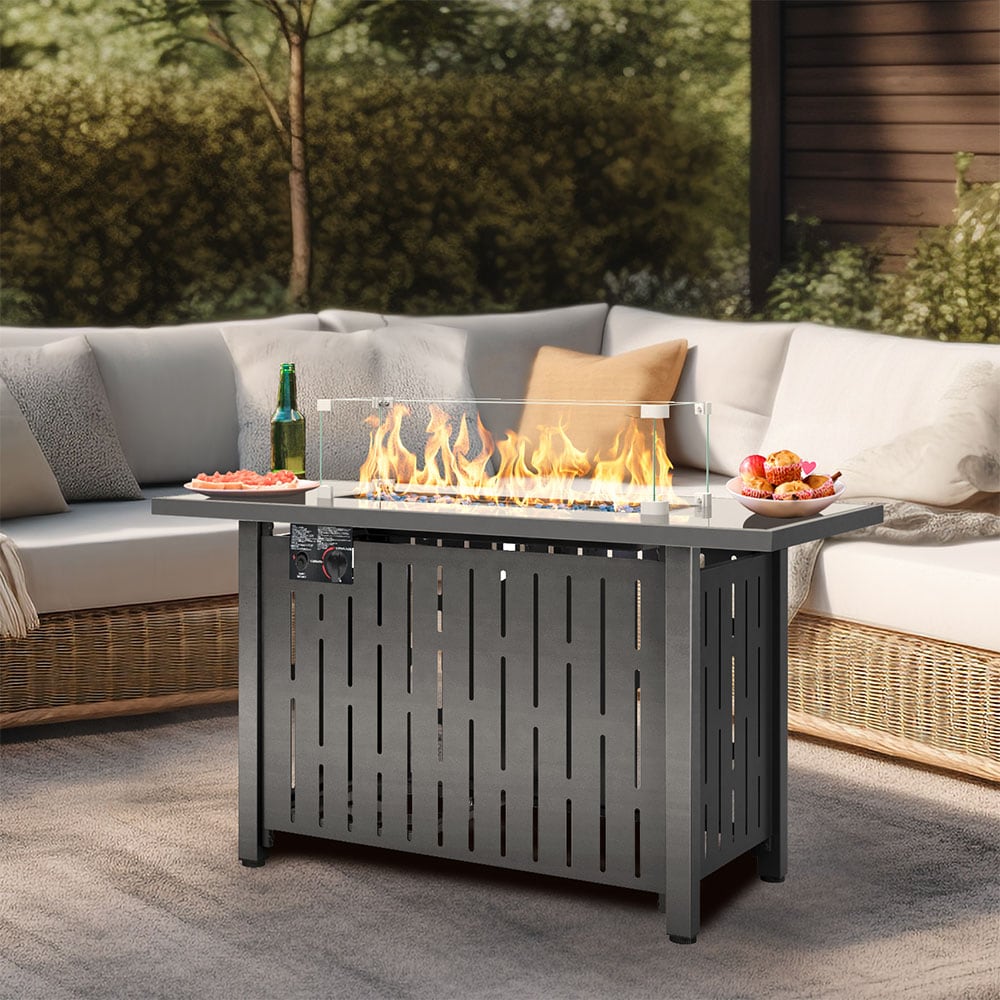 Runesay 43-in W Black Steel Rectangle Propane Gas Fire Pit Table ...