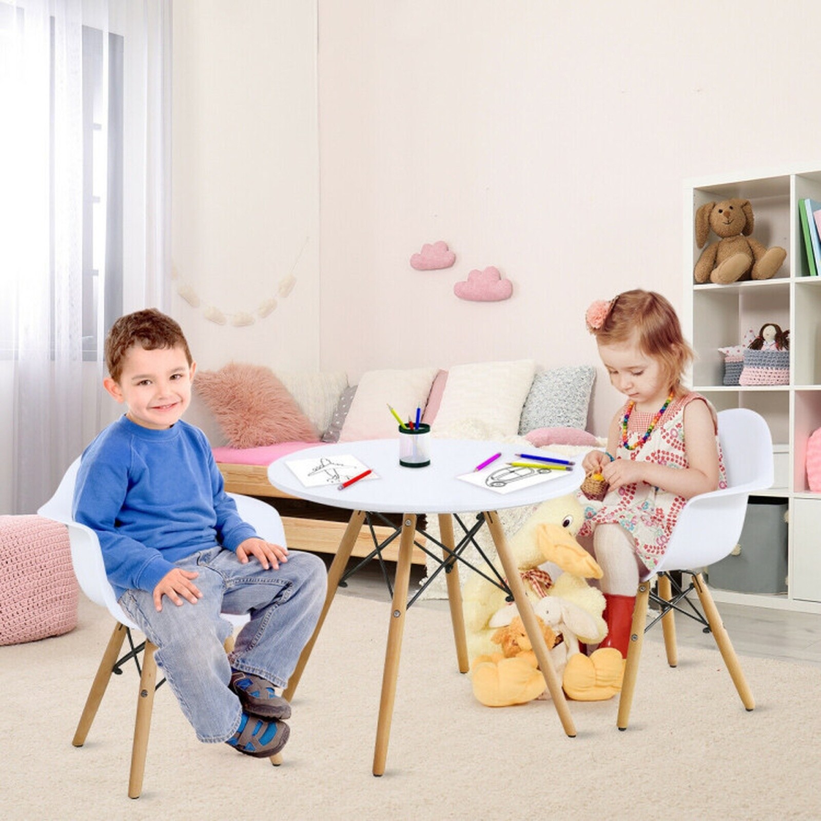 SUGIFT 3-Piece Kids Round Table and 2 Chair Set with MDF Top and Wood ...