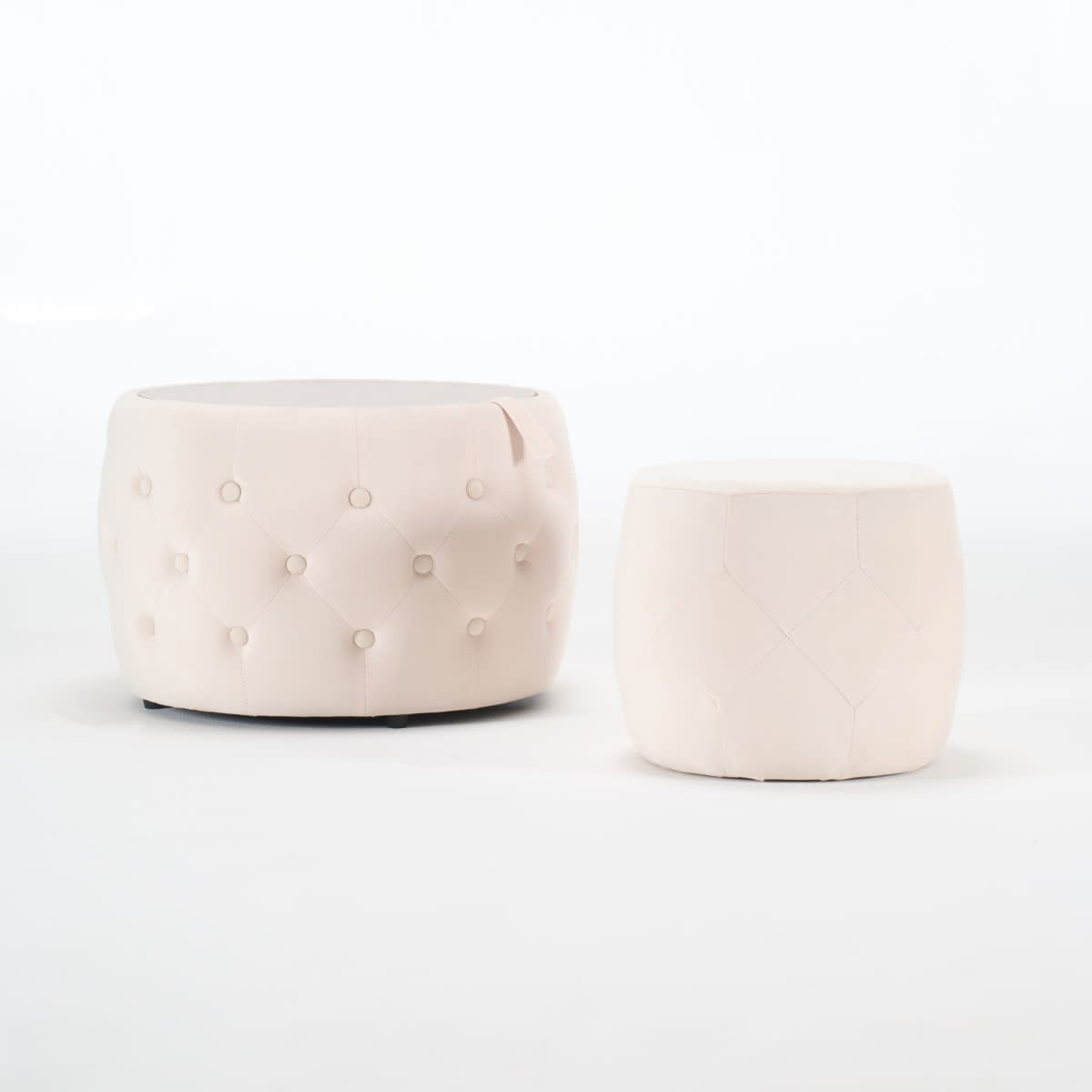 Maison Boucle Beige Velvet Round Storage Accent Ottoman Set of 2 ...