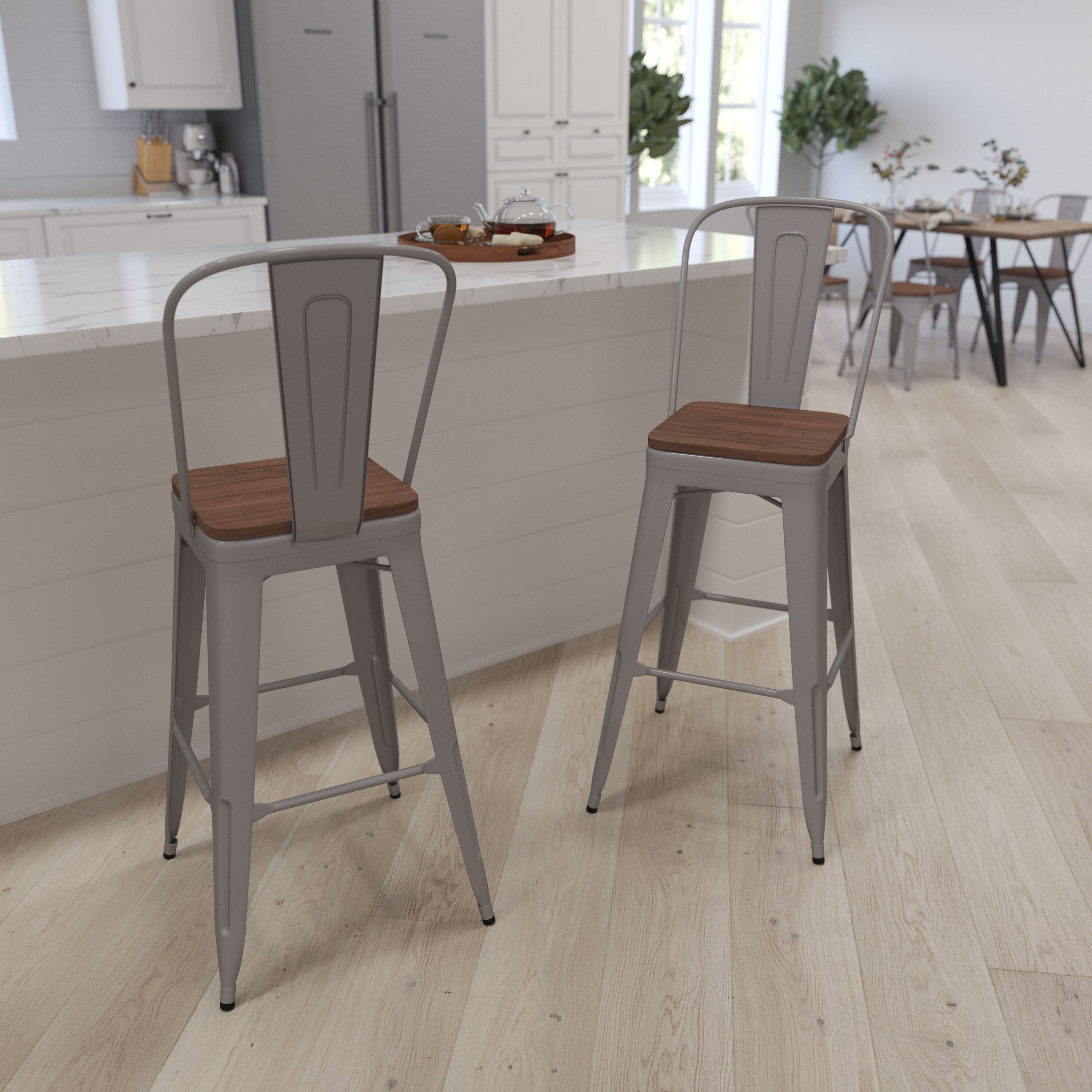 Merrick Lane Dothan 30-in High Silver Metal Barstool with Back and Wood ...