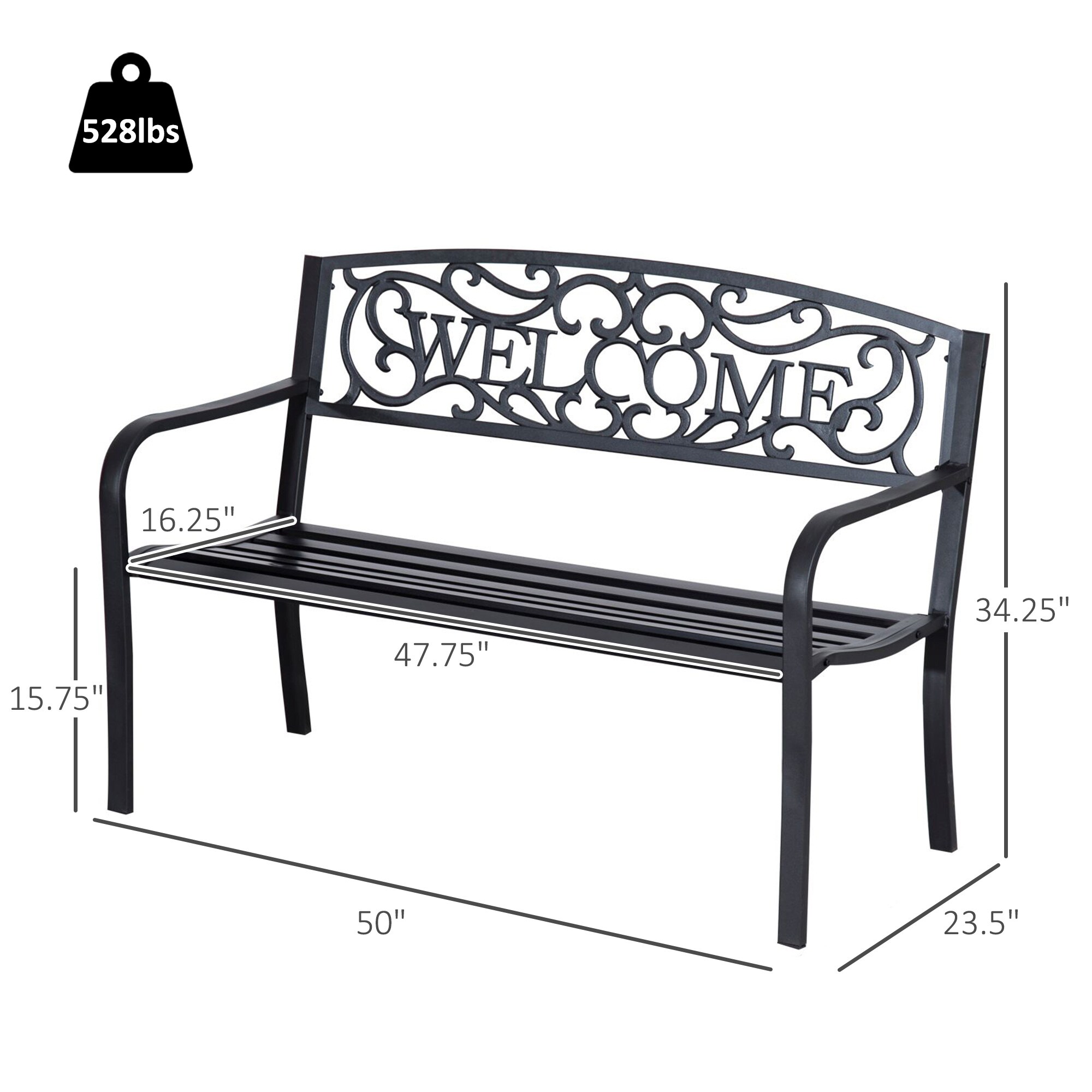 Outsunny 50inch Outdoor Metal Welcome Bench Powder Coated Cast Iron ...