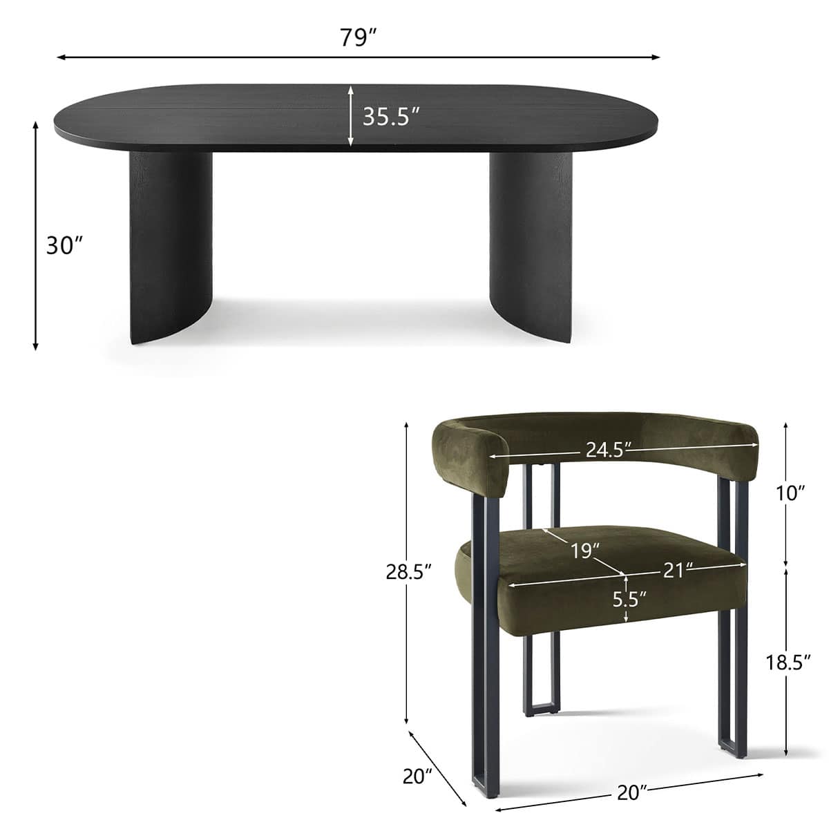 Maison Boucle 7-Piece Oval Dining Table Set with Black Table and Green ...
