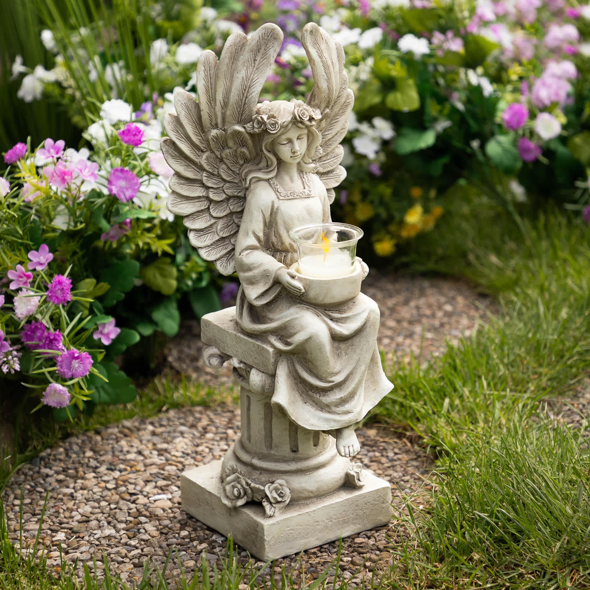 Northlight 17 inch Peaceful Angel on Pedestal Candle Holder Outdoor ...