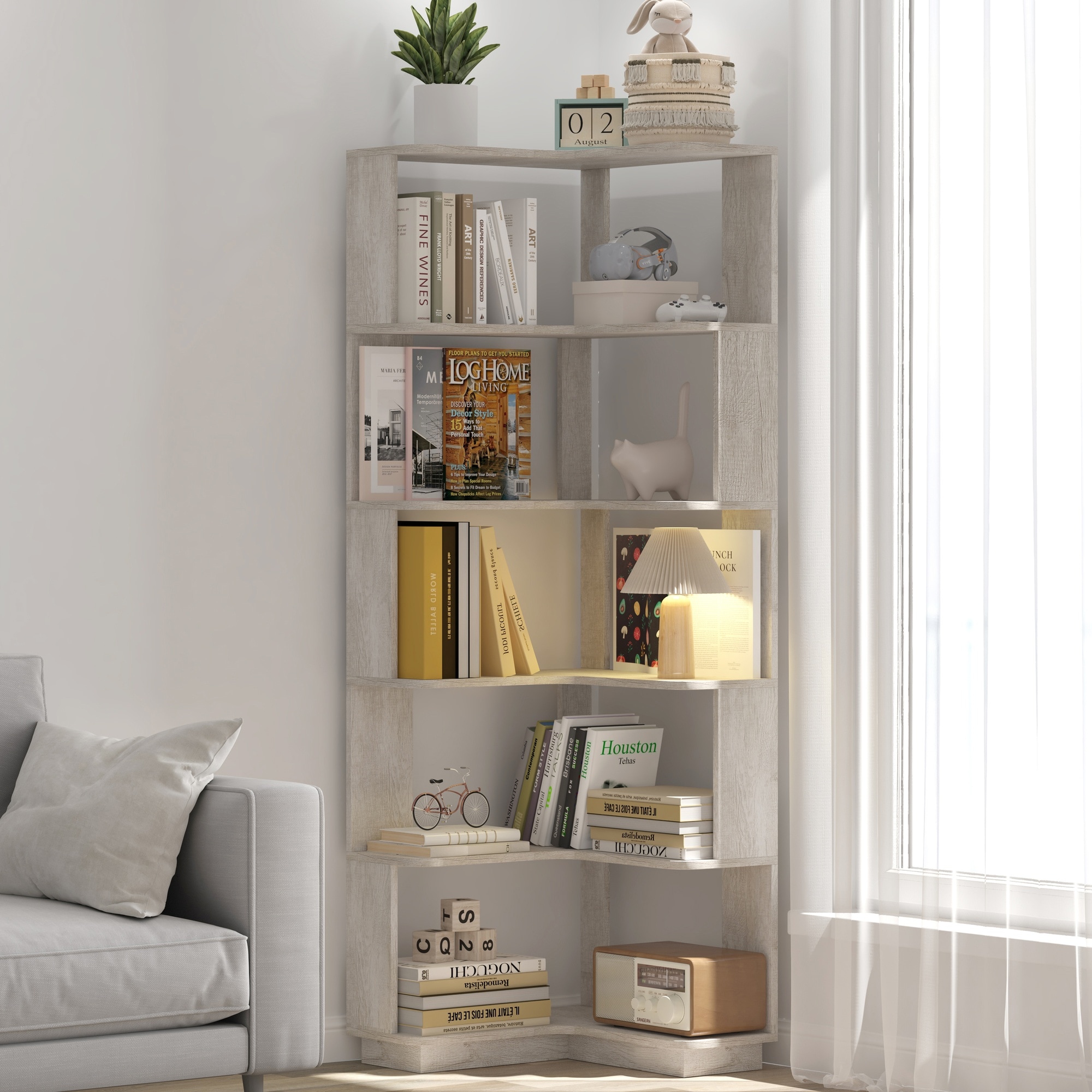 HyperDrop Cart 6-Tier Light Grey L-Shaped Corner Wood Bookcase with ...