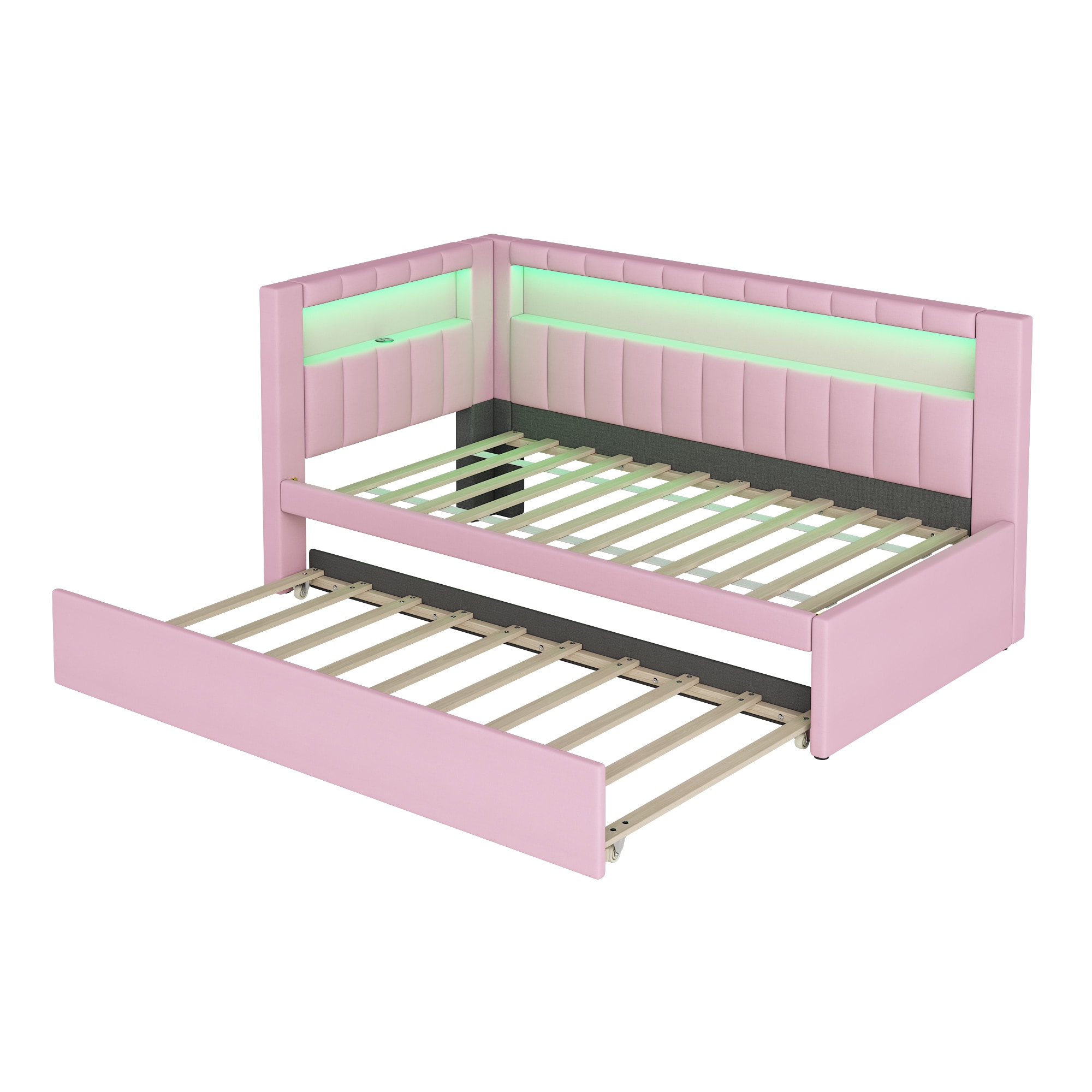 Qualler Pink Wood Frame Twin Upholstered Platform Bed with Trundle and ...