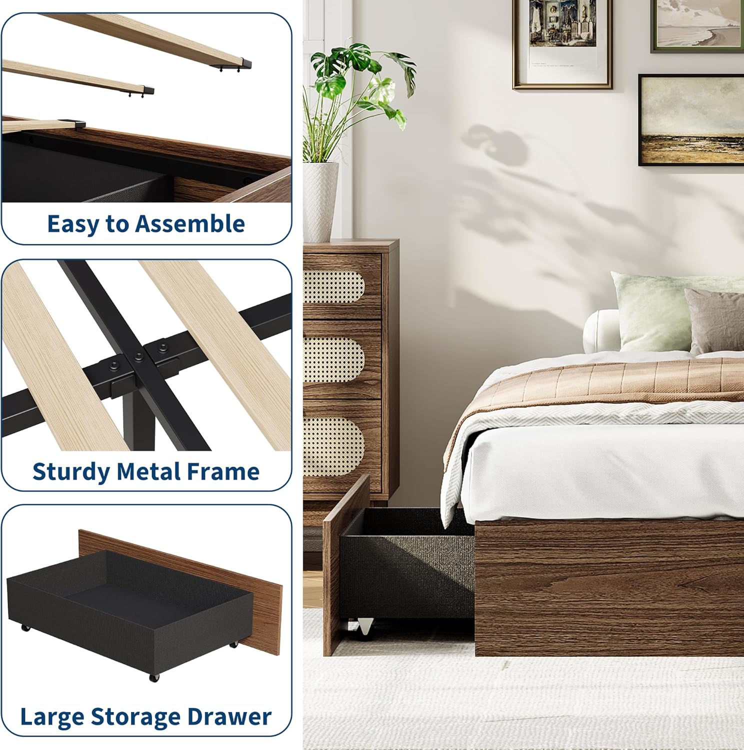 Garvee Wood Platform Bed Frame with 2 Storage Drawers Wooden Bed Frame ...