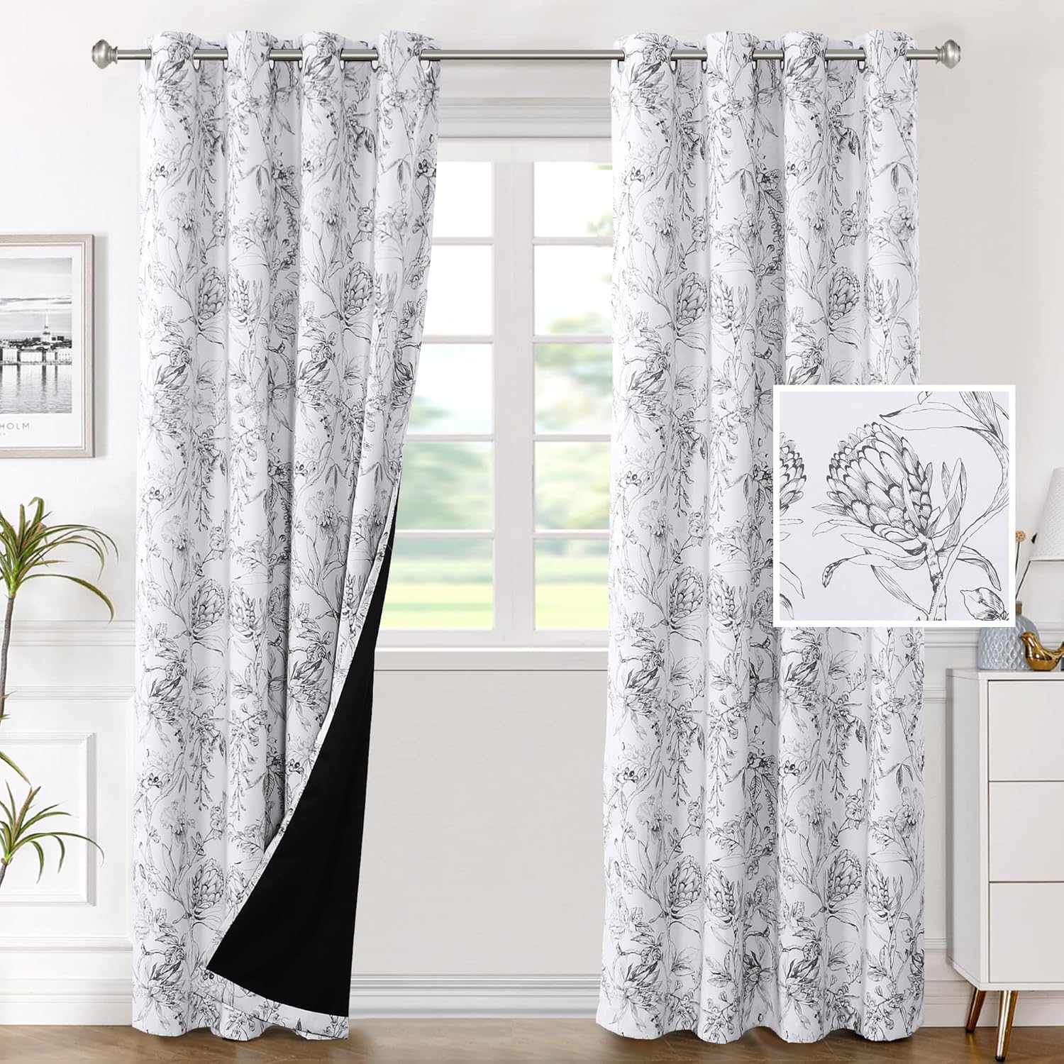 H.Versailtex Premium Blackout Floral Print Curtain Panel Pair Grommet ...