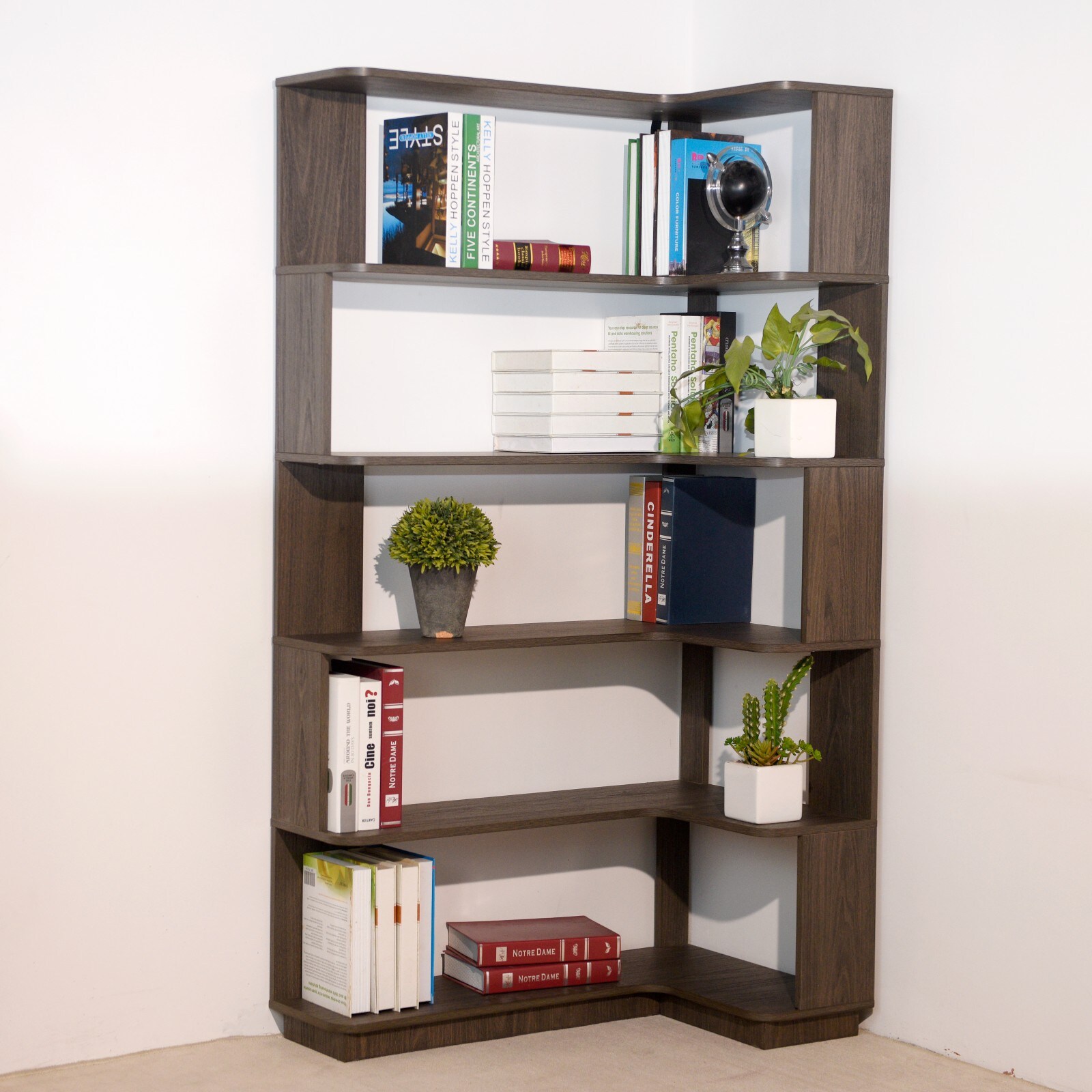 GlasFlength 35.43 Inch Extended Corner Bookshelf Wooden Bookcase with ...