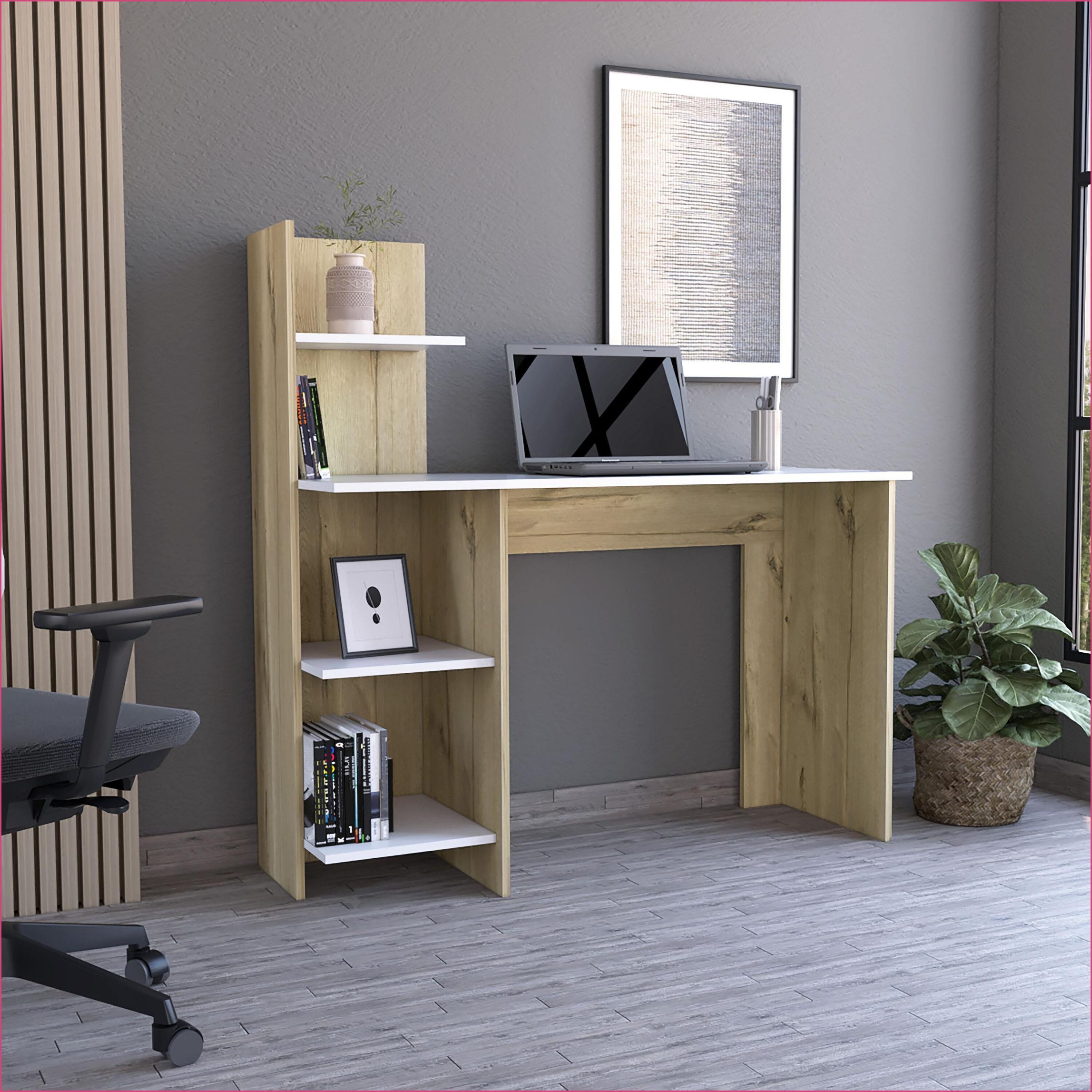 SunJet Desks Modern Writing Desk with 3 Open Shelves WhitePine 47W x 17 ...