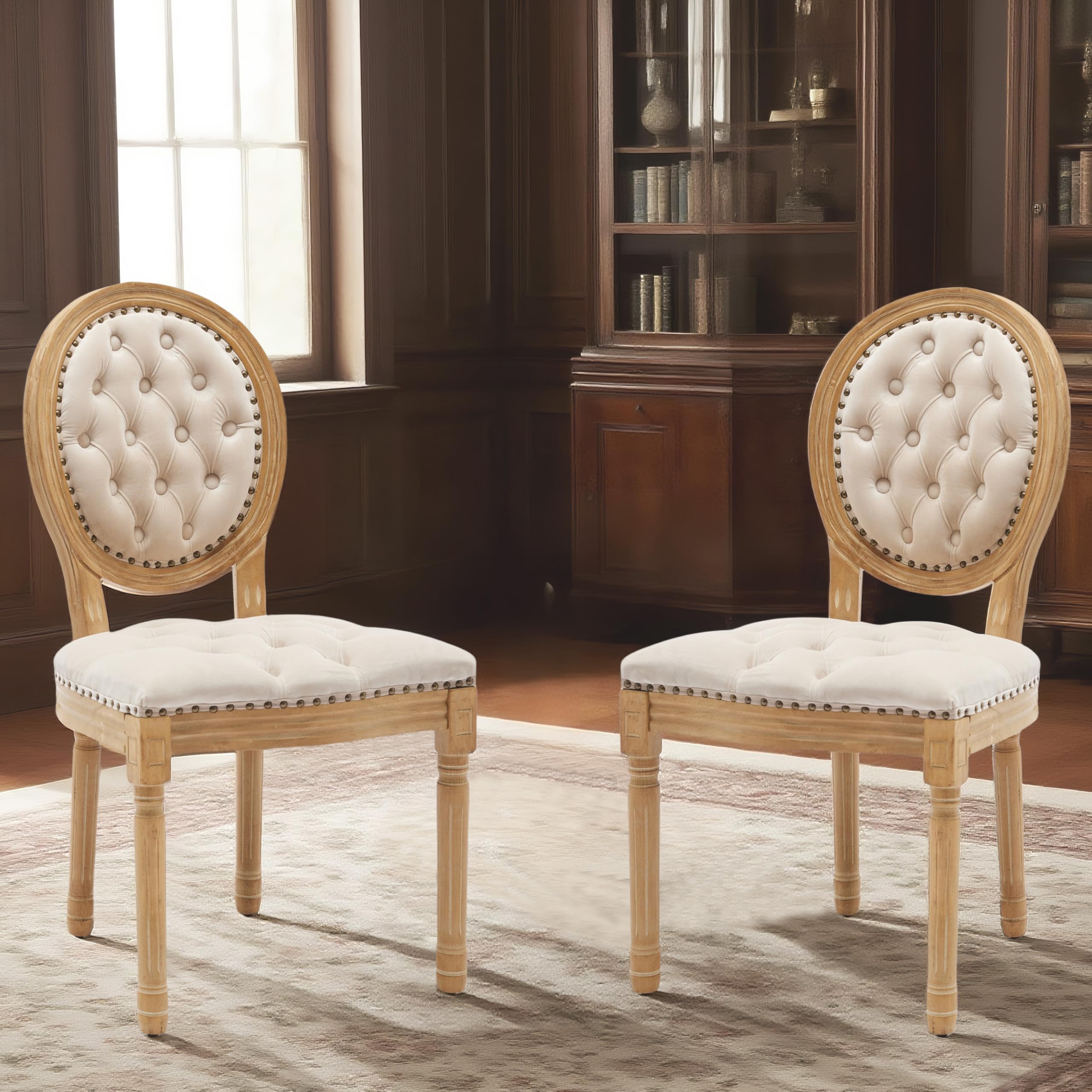 OMOMMD Beige Linen Dining Chairs Set Of 2 Round Wood Leg Farmhouse ...